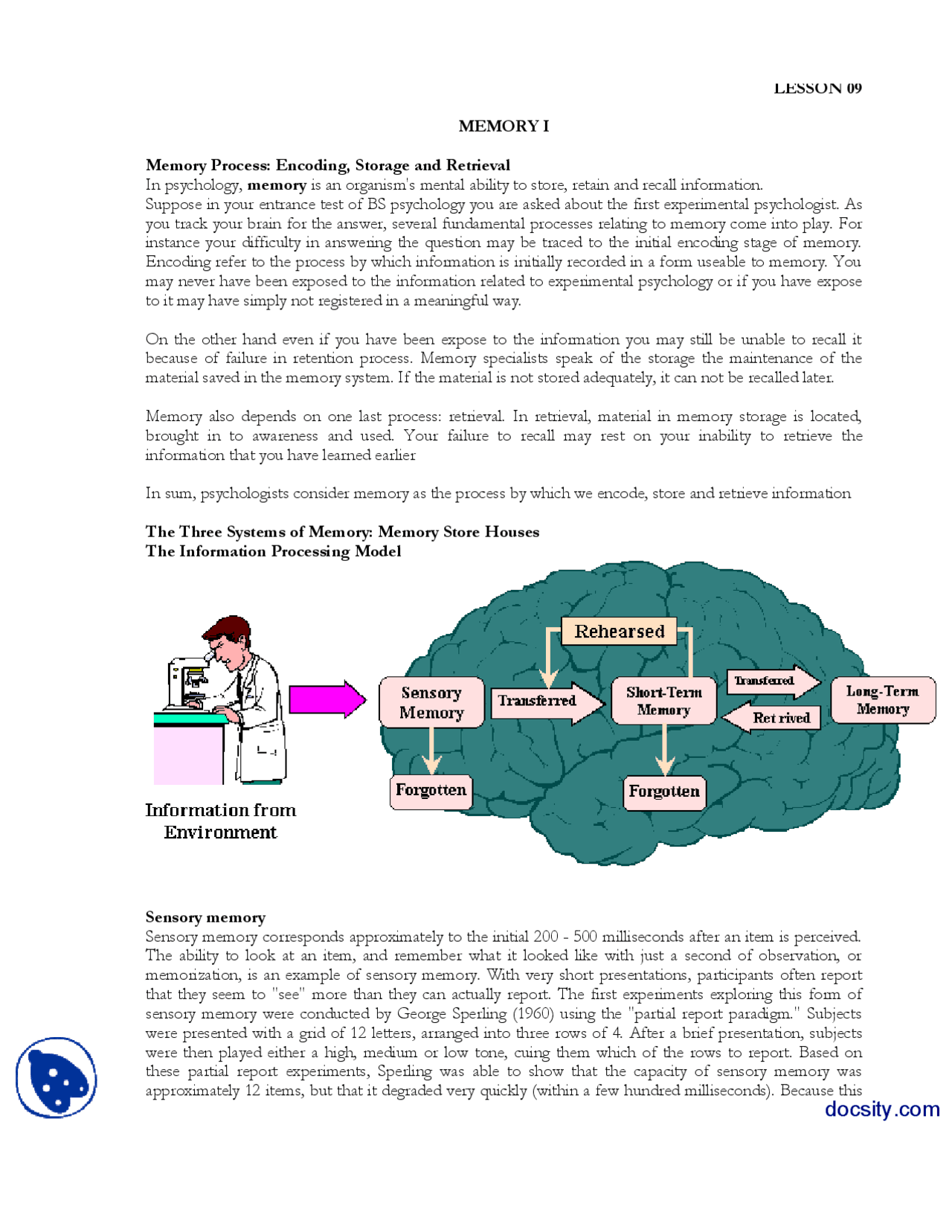 Memory Part 1 Experimental Psycology Lecture Handout Docsity