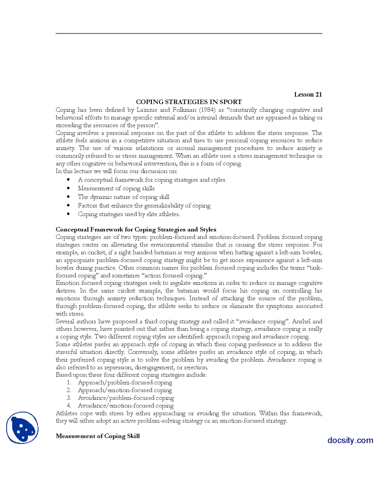 Conceptual Framework For Coping Strategies And Styles Sports Psycology