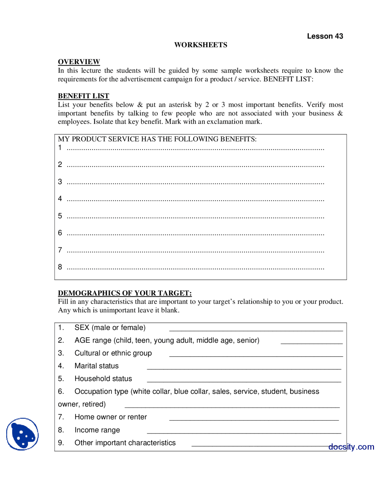 Work Sheets Advertising And Promotion Lecture Handout Docsity