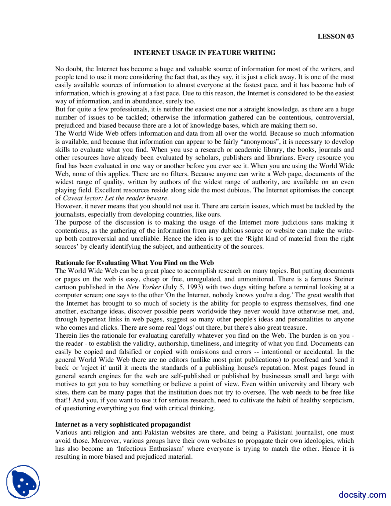 Internet Usage Feature And Coloumn Writing Lecture Handout Docsity