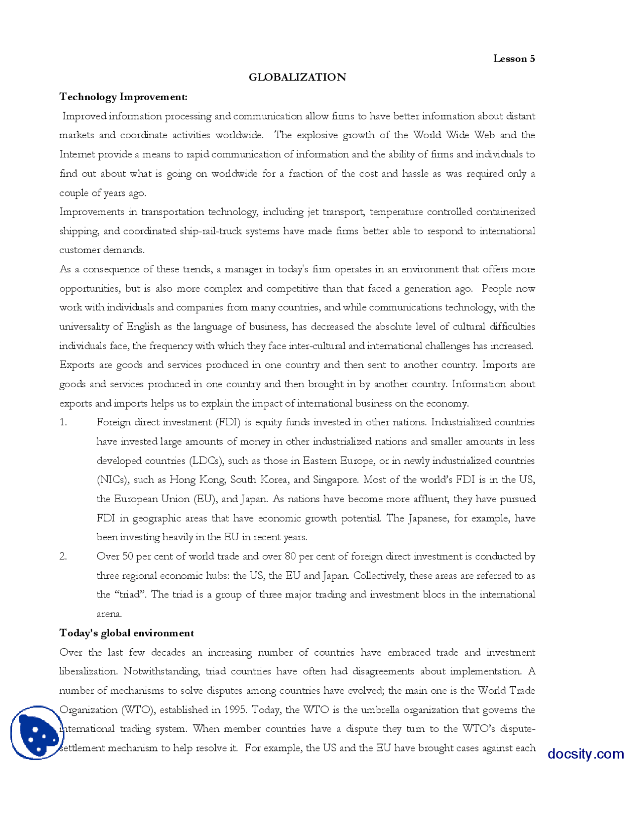 Globalization Lesson 5 International Business Lecture Handout Docsity