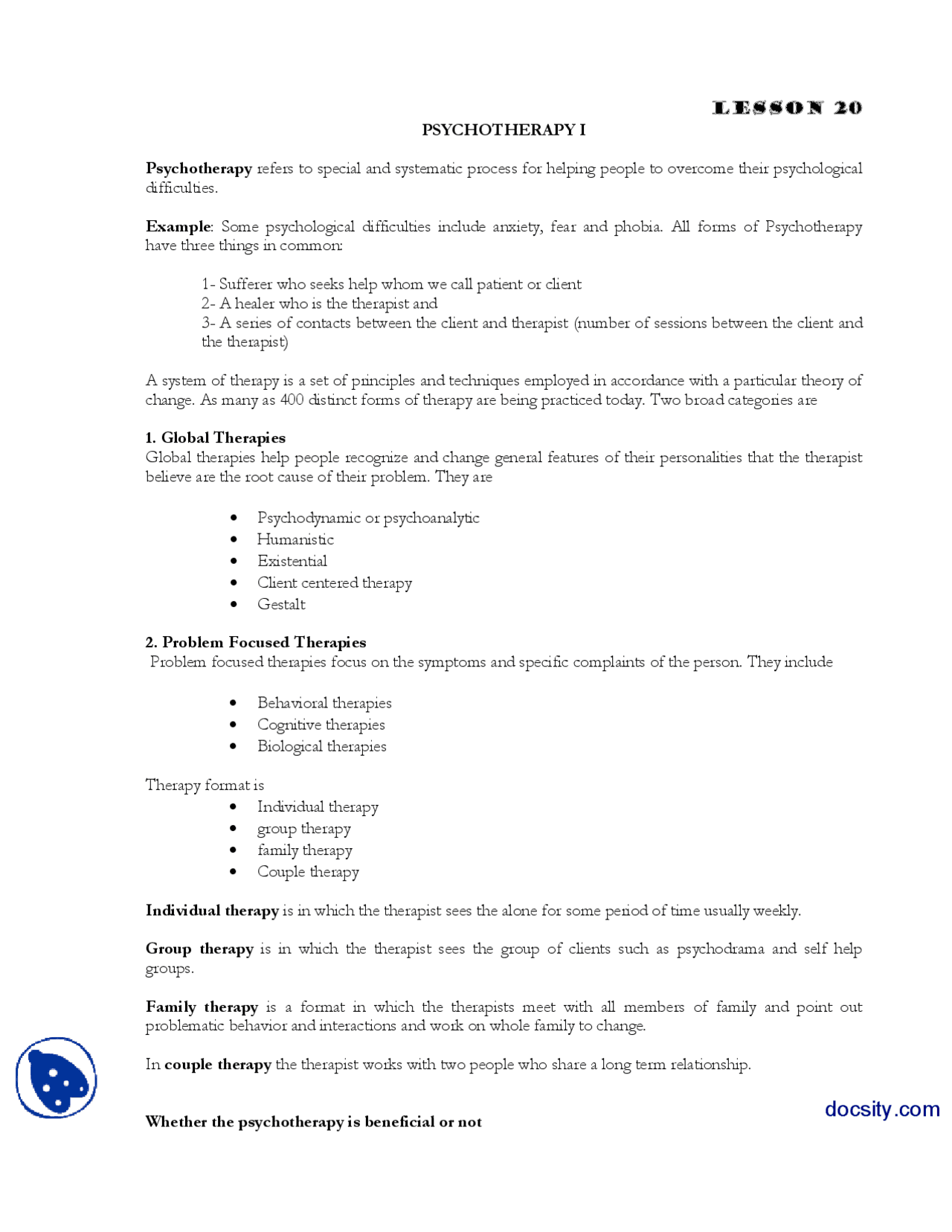 Psychotherapy Part 1 Abnormal Psycology Lecture Handout Docsity