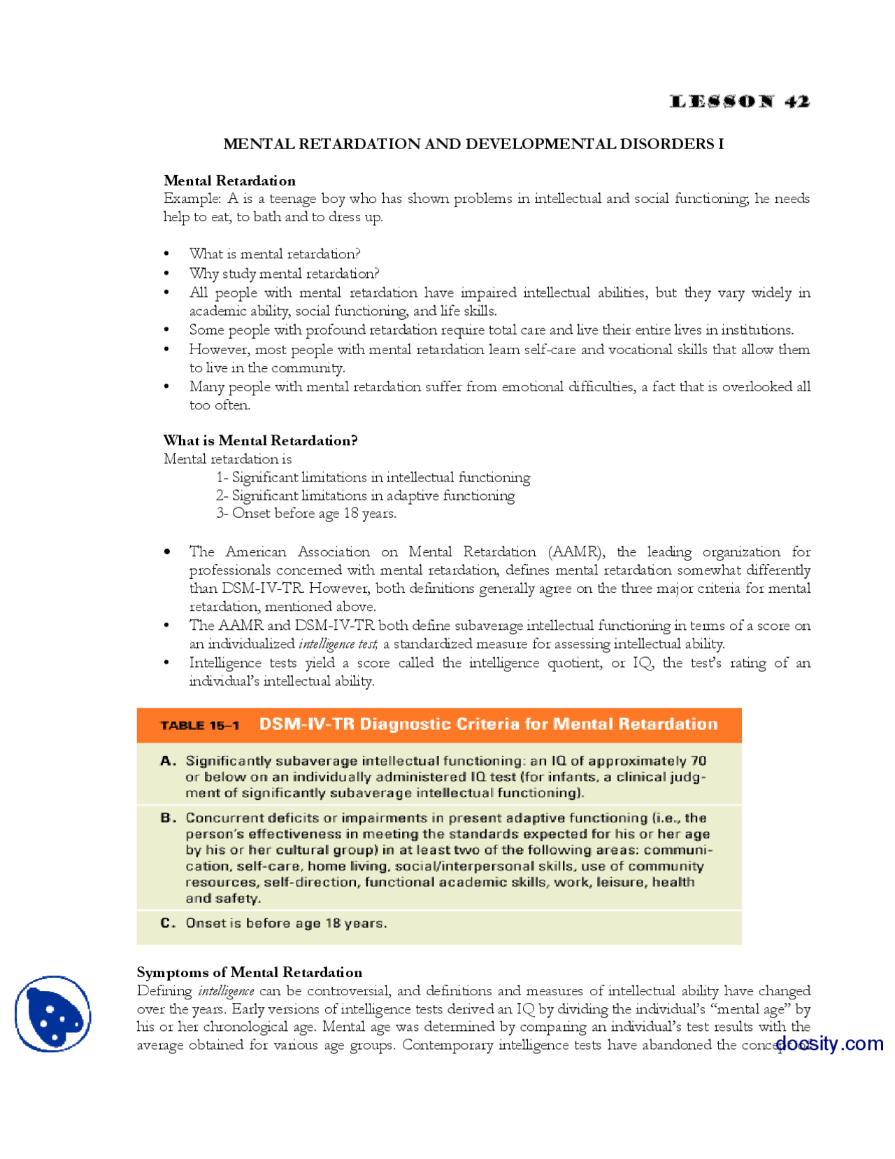 Developmental Disorder Part 1 Abnormal Psycology Lecture Handout Docsity