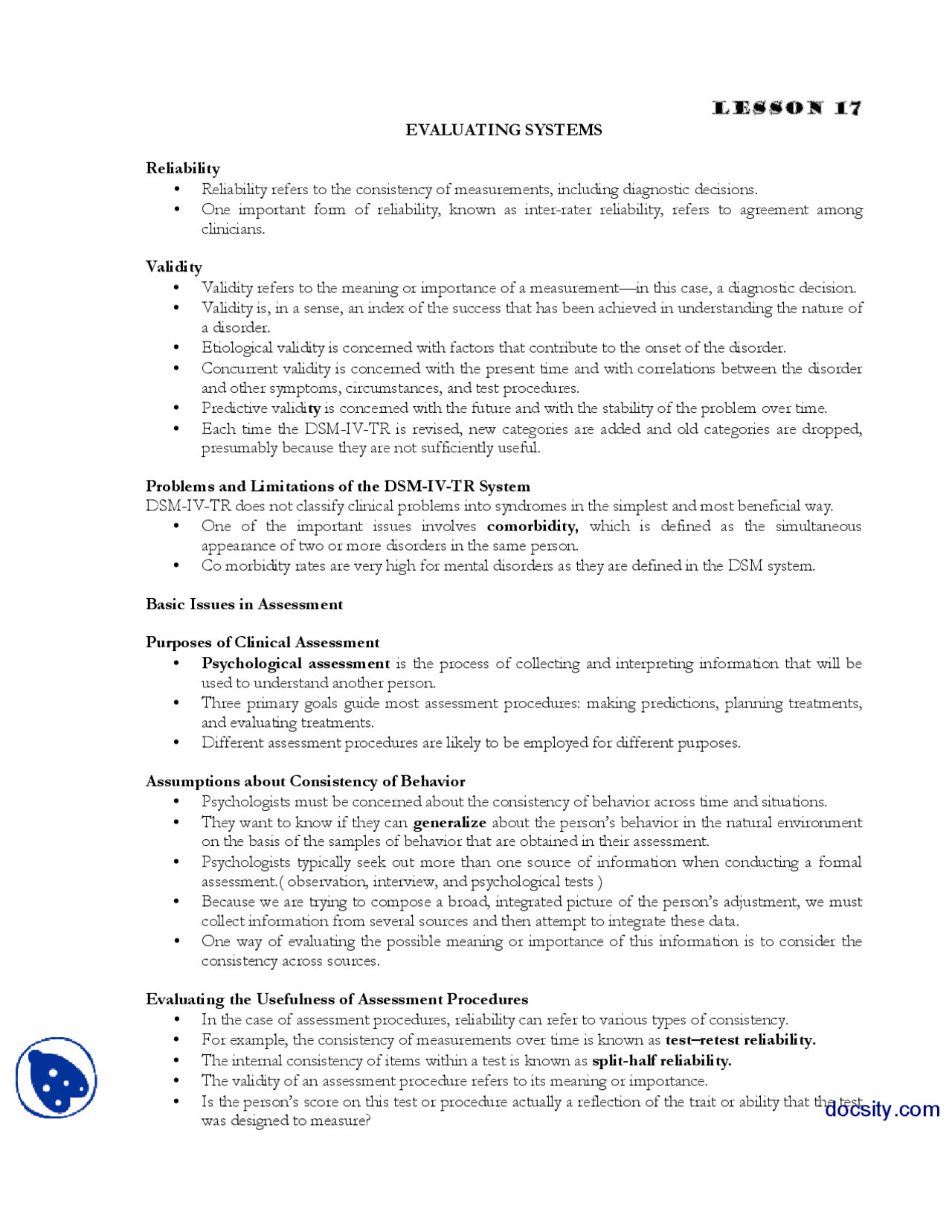Evaluating Systems Abnormal Psycology Lecture Handout Docsity