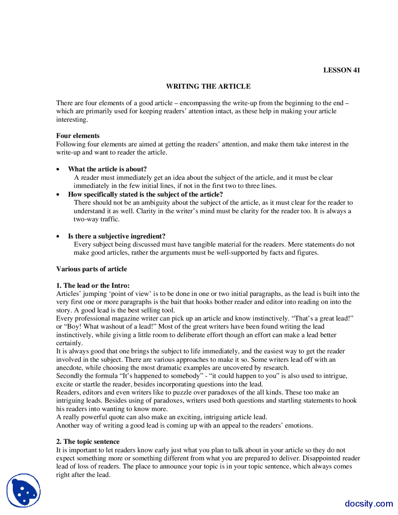 Writing The Article Feature And Coloumn Writing Lecture Handout Docsity