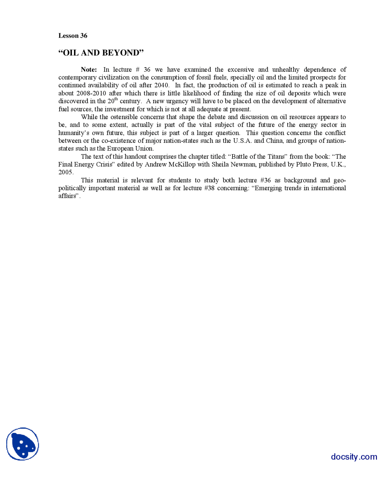 Oil And Beyond Part 2 Globalization Of Media Lecture Handout Docsity