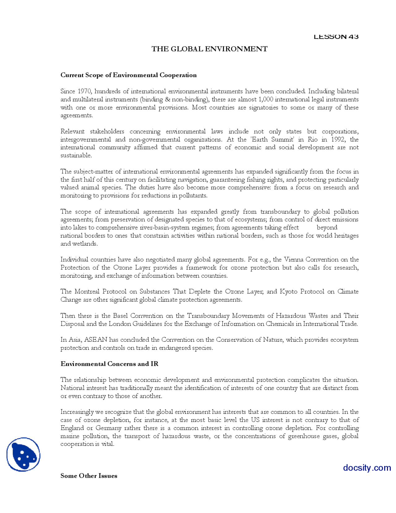 The Global Enviroment Part 2 International Relations Lecture Handout