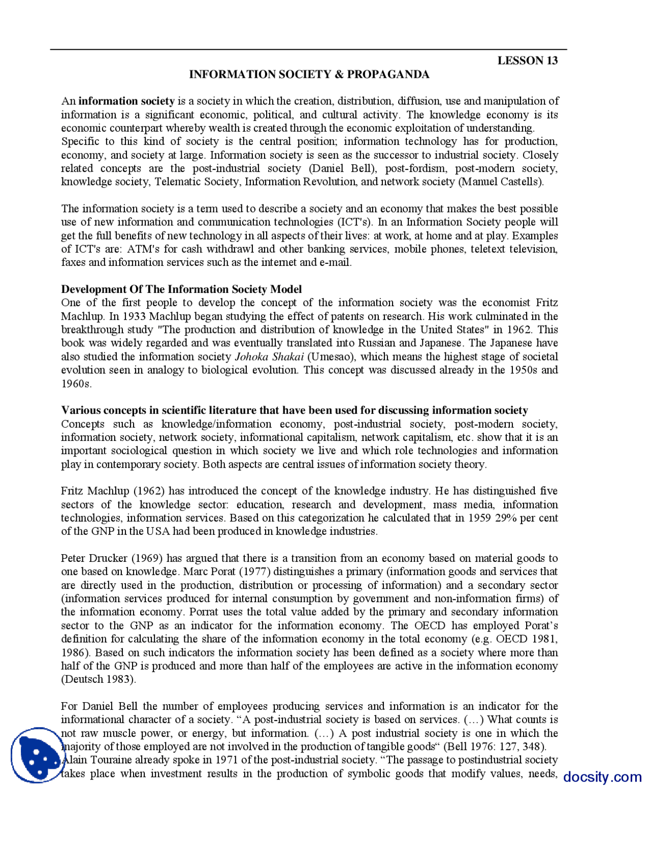 Information Society Contemporary Mass Media Lecture Handout Docsity