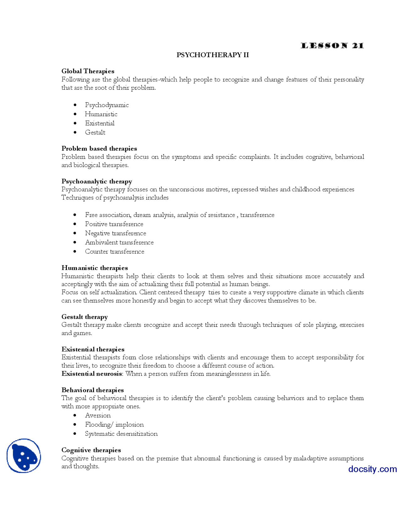 Psychotherapy Part 2 Abnormal Psycology Lecture Handout Docsity