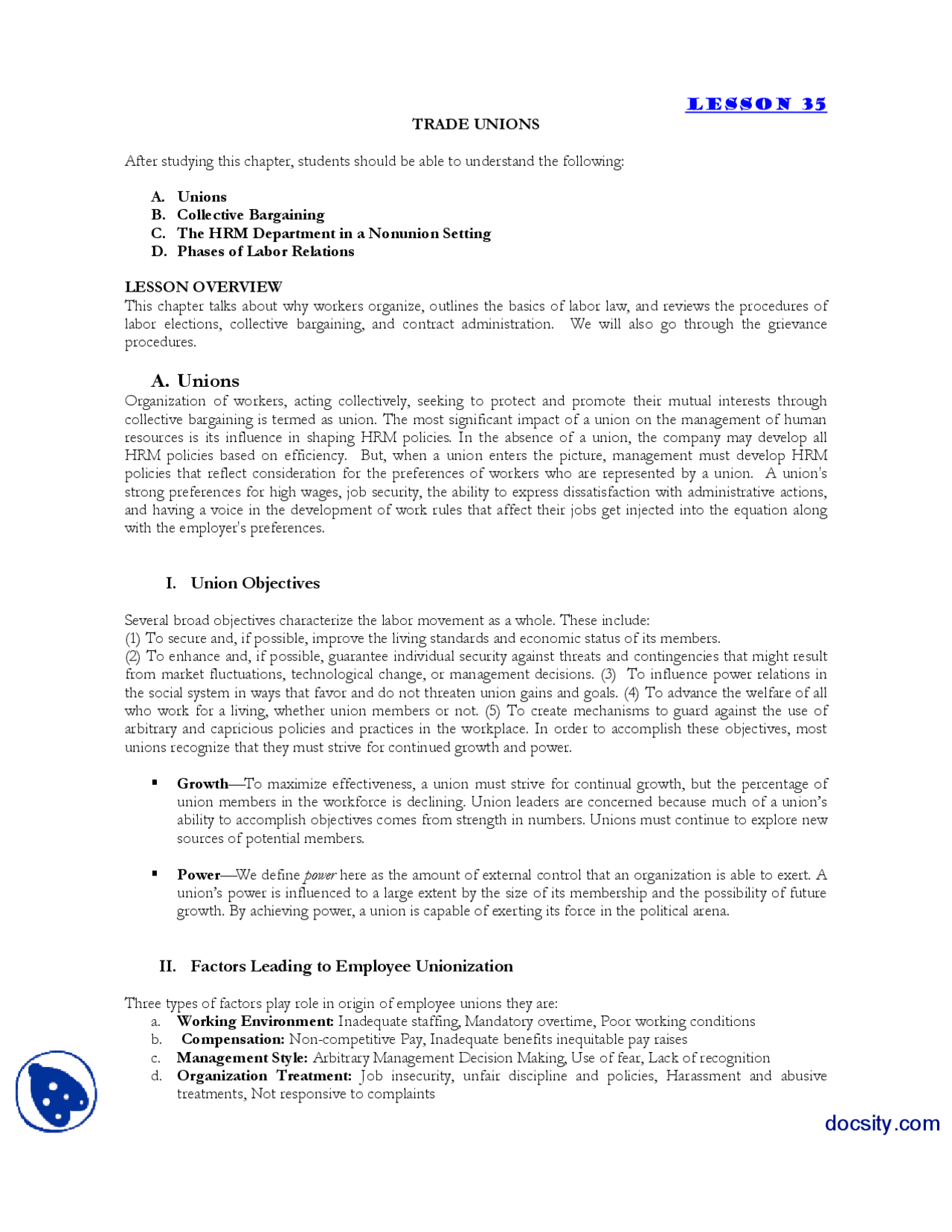 Trade Unions-Human Resource Managment-Lecture Handout - Docsity