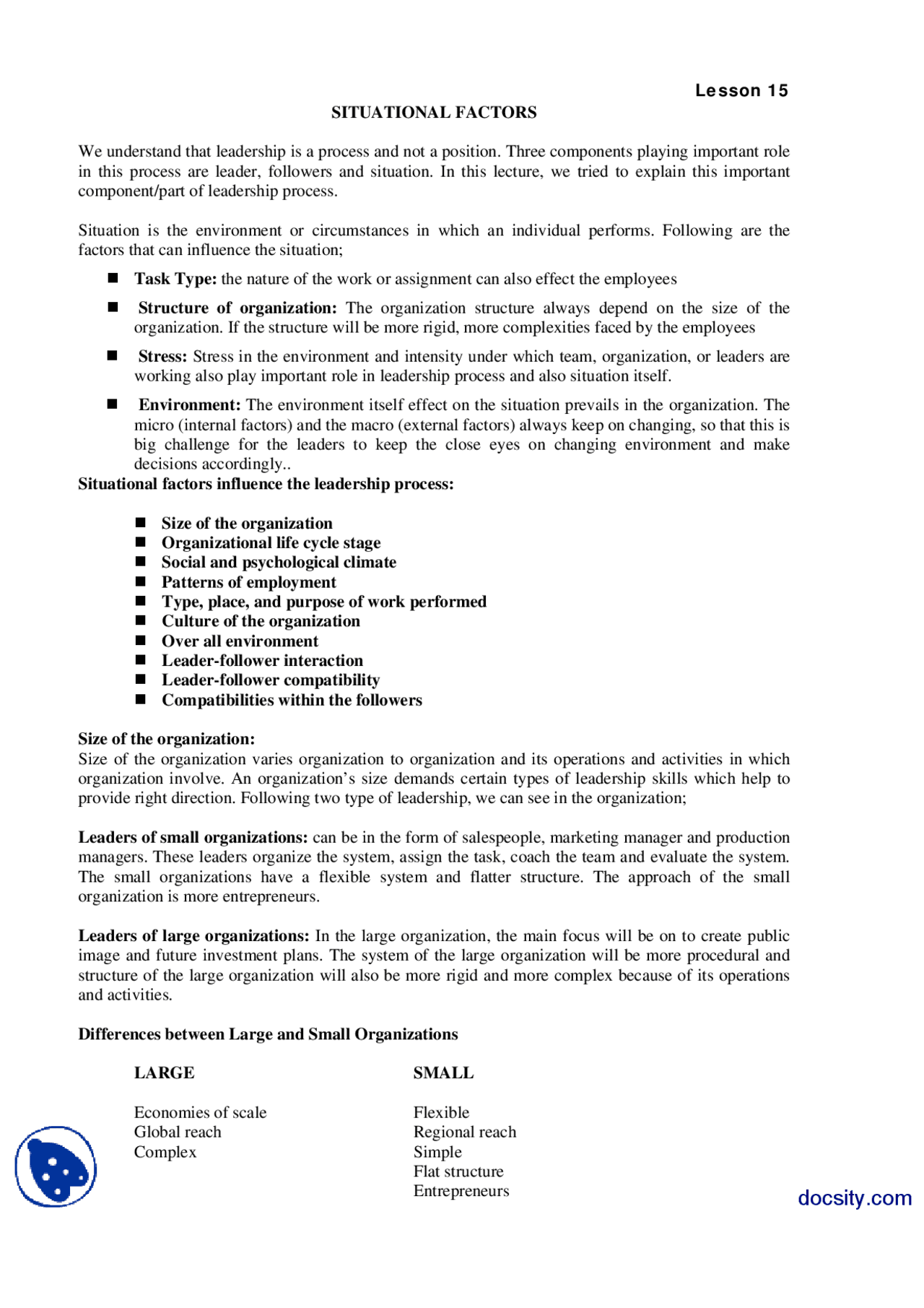 Situational Factors Leadership And Team Managment Lecture Handout Docsity