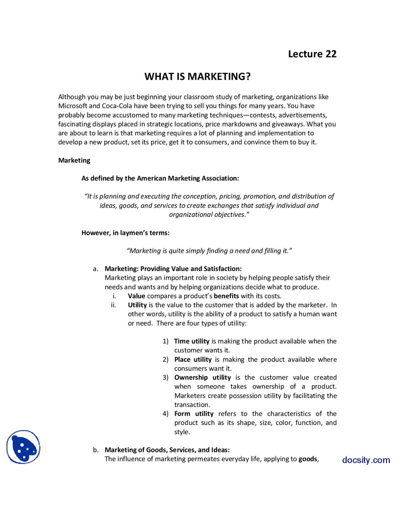 What Is Marketing Introduction To Business Lecture Handout Docsity