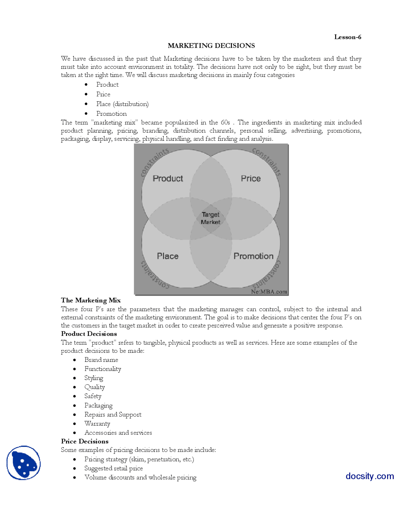 Marketing Decisions Marketing Managment Lecture Handout Docsity