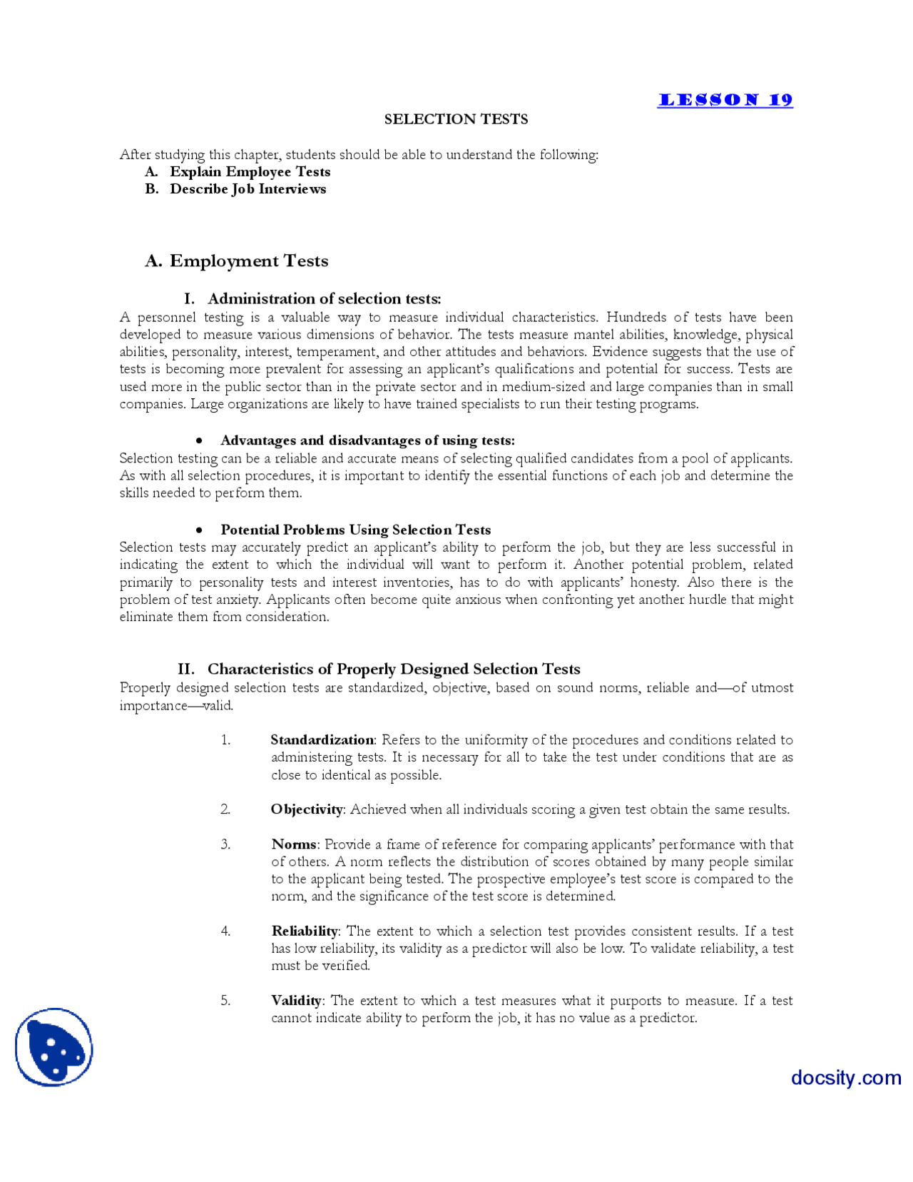 Selection Tests Human Resource Managment Lecture Handout Exercises