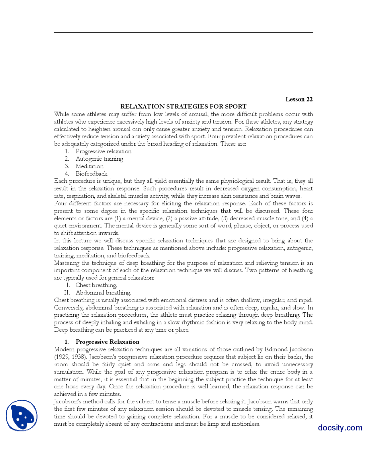 Progressive Relaxation Sports Psycology Lecture Handout Docsity