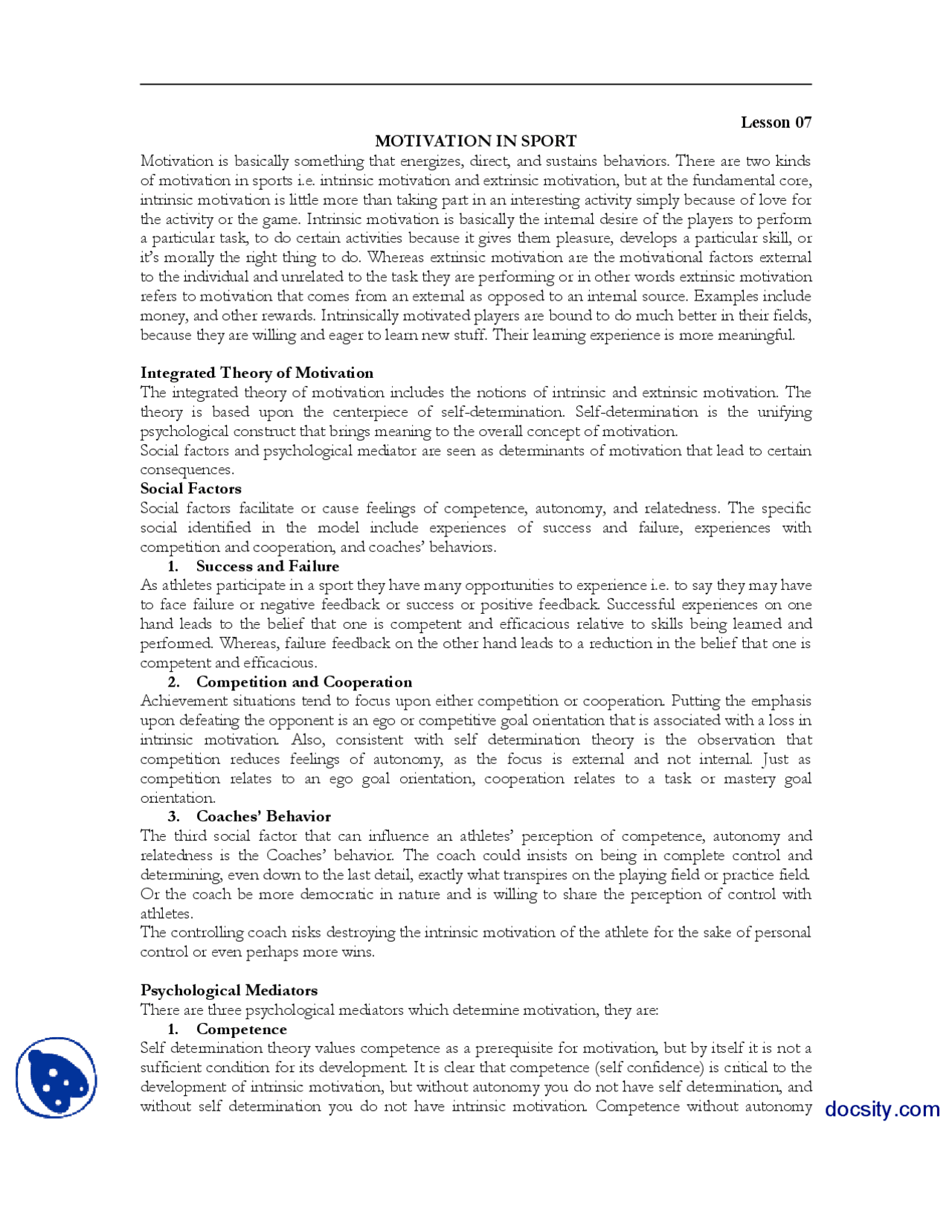 Integrated Theory of Motivation-Sports Psycology-Lecture Handout - Docsity