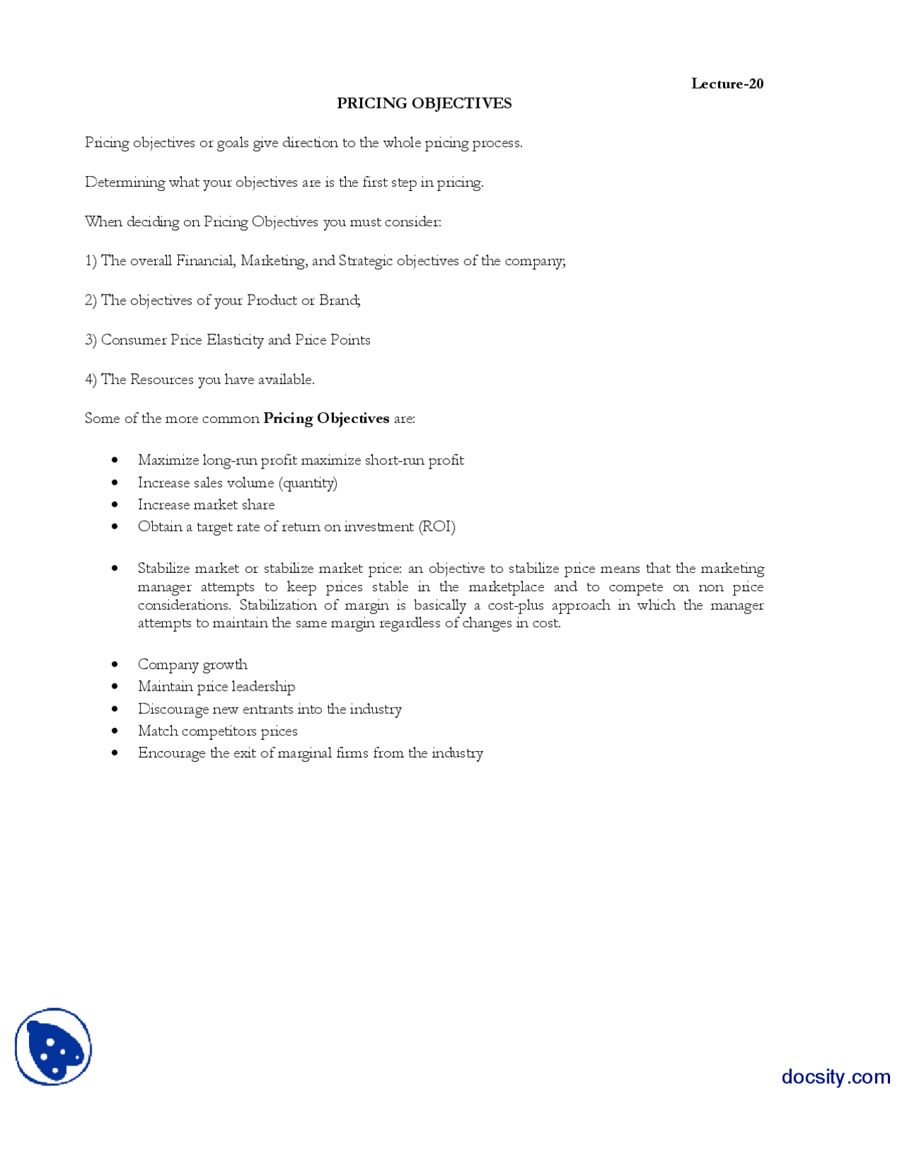 Pricing Objectives Marketing Managment Lecture Handout Docsity