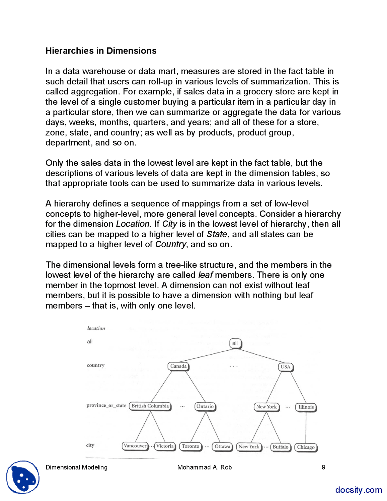 Hierarchies In Dimensions Data Warehouse Lecture Handout Docsity