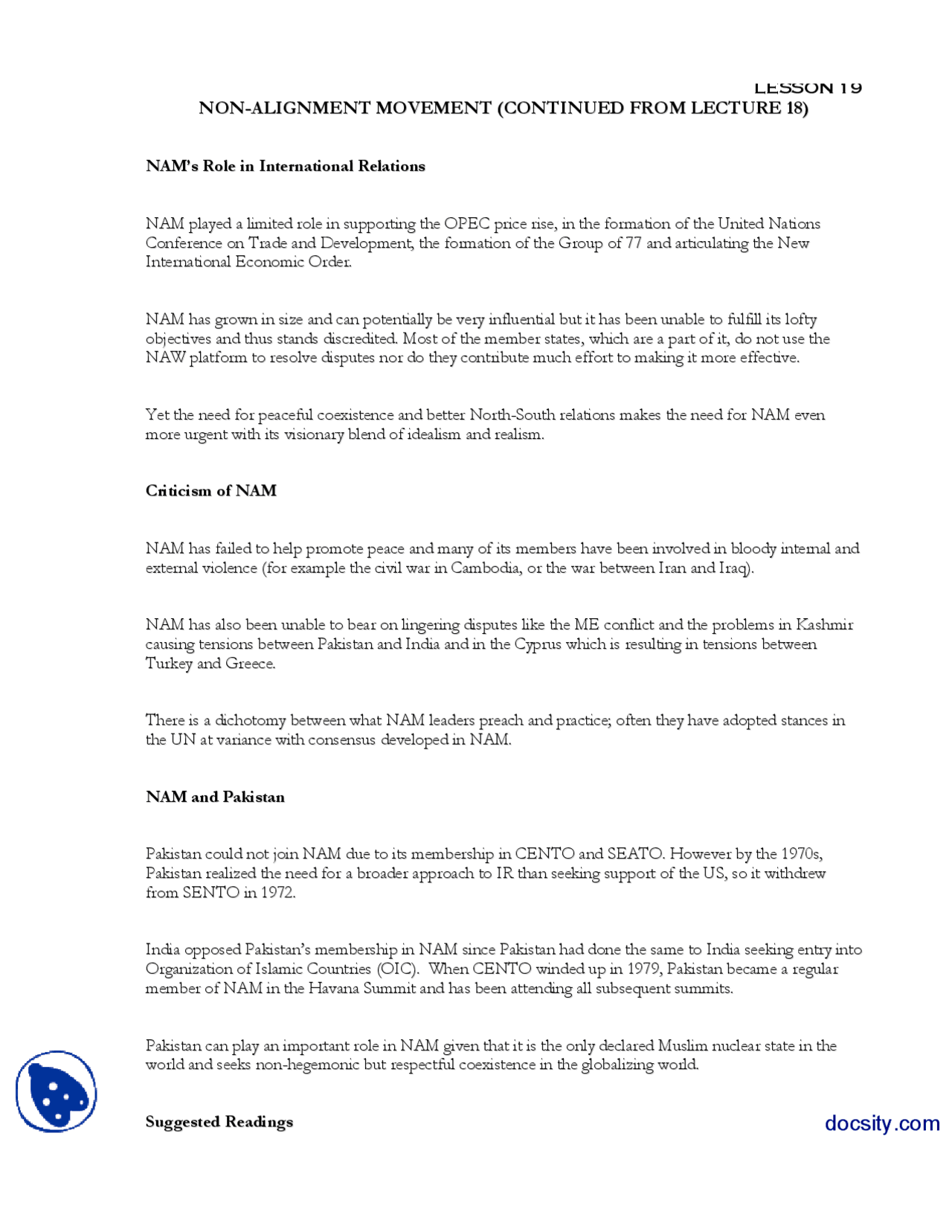 Non Alignment Movment Lesson 19-International Relations-Lecture Handout ...