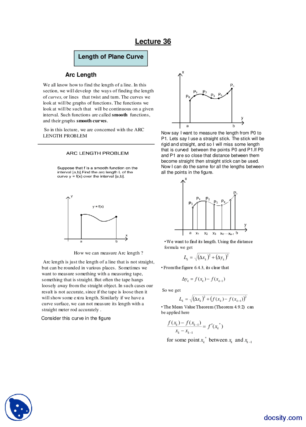 Length Of Plane Curve General Mathematics Lecture Handout Docsity