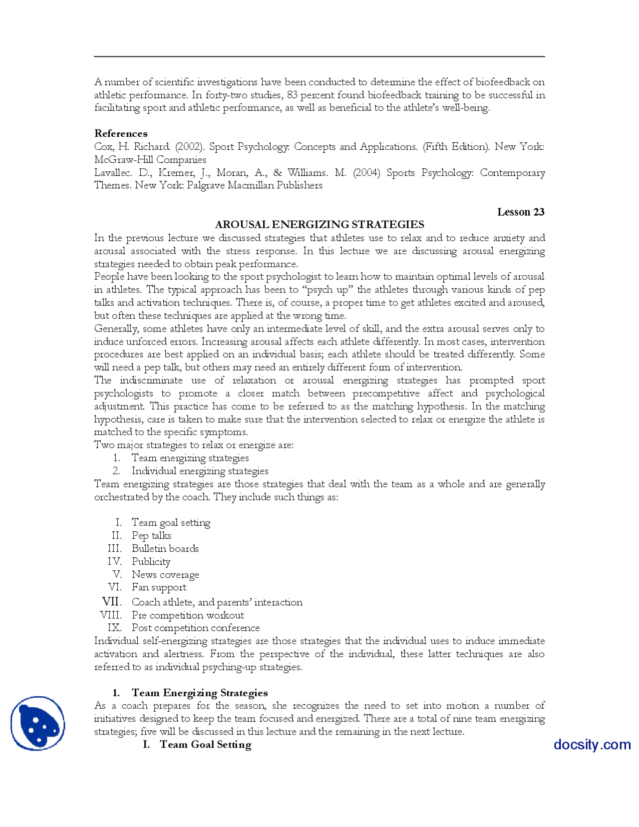 Team Energizing Strategies Sports Psycology Lecture Handout Exercises