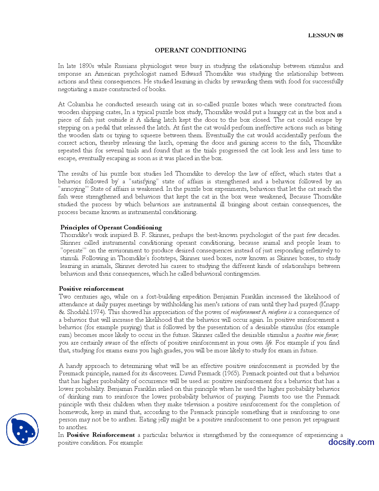 Operant Conducting Experimental Psycology Lecture Handout Docsity