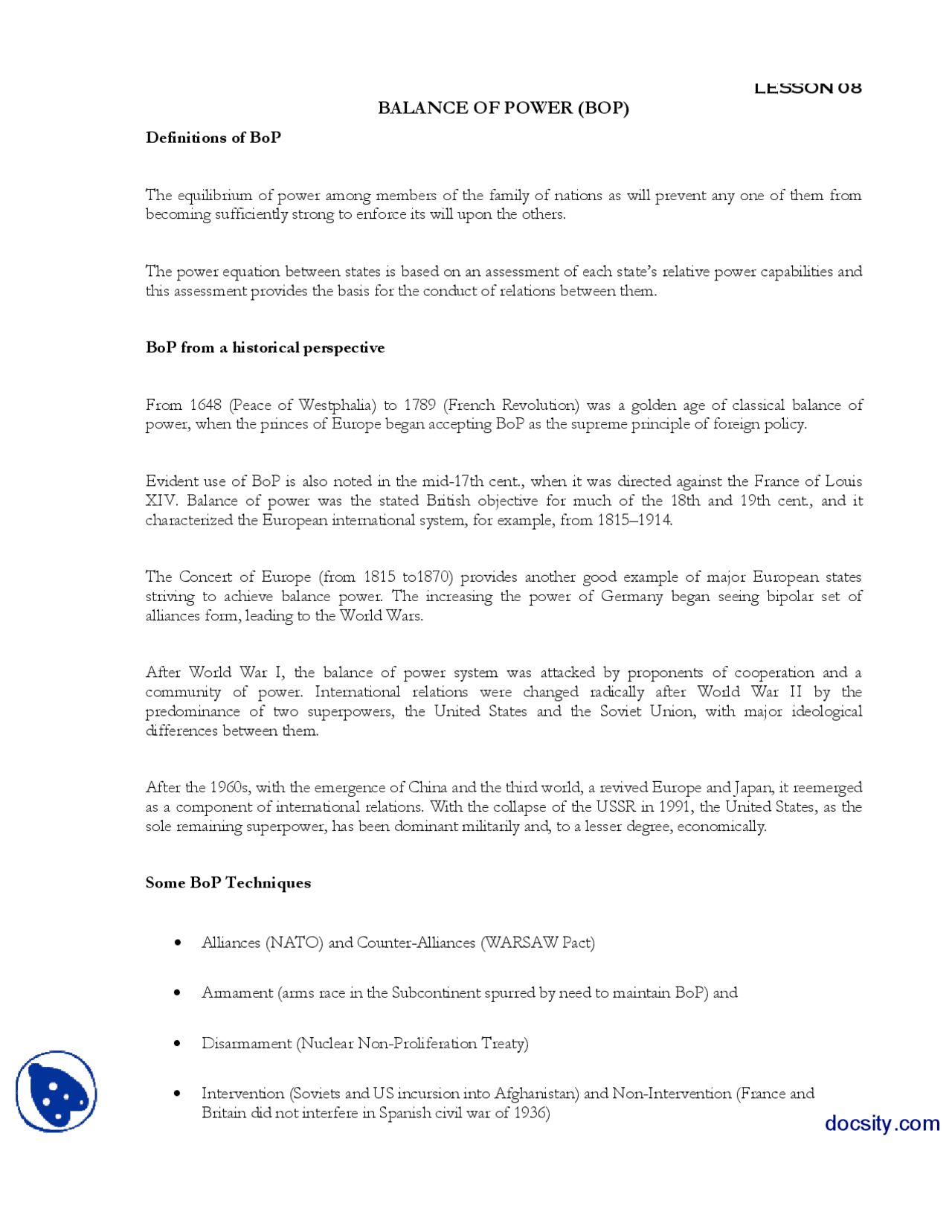 Balance of Power-International Relations-Lecture Handout - Docsity