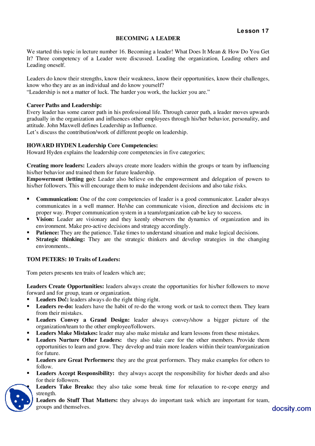 Becoming A Leader Part2 Leadership And Team Managment Lecture Handout