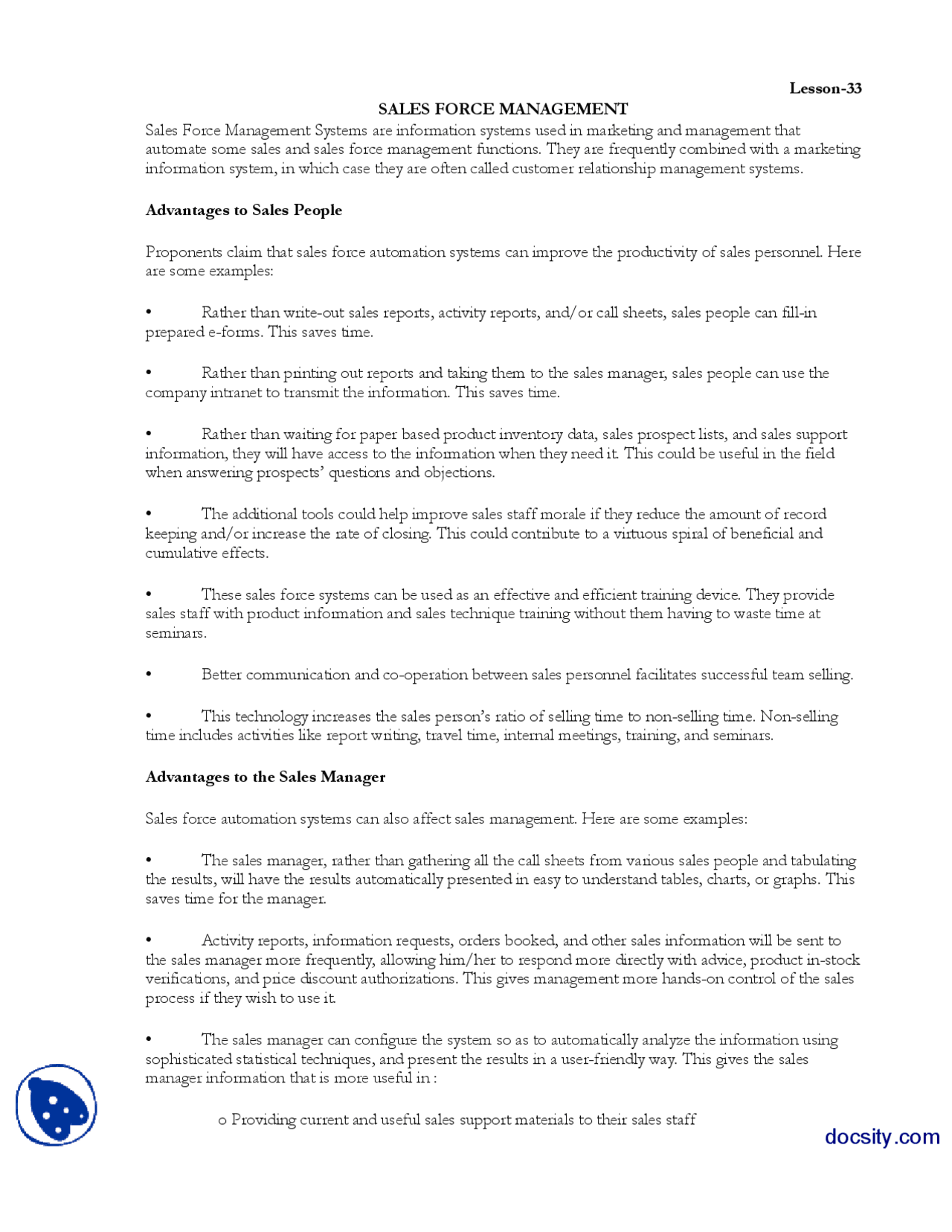 Sales Force Management Marketing Managment Lecture Handout Docsity