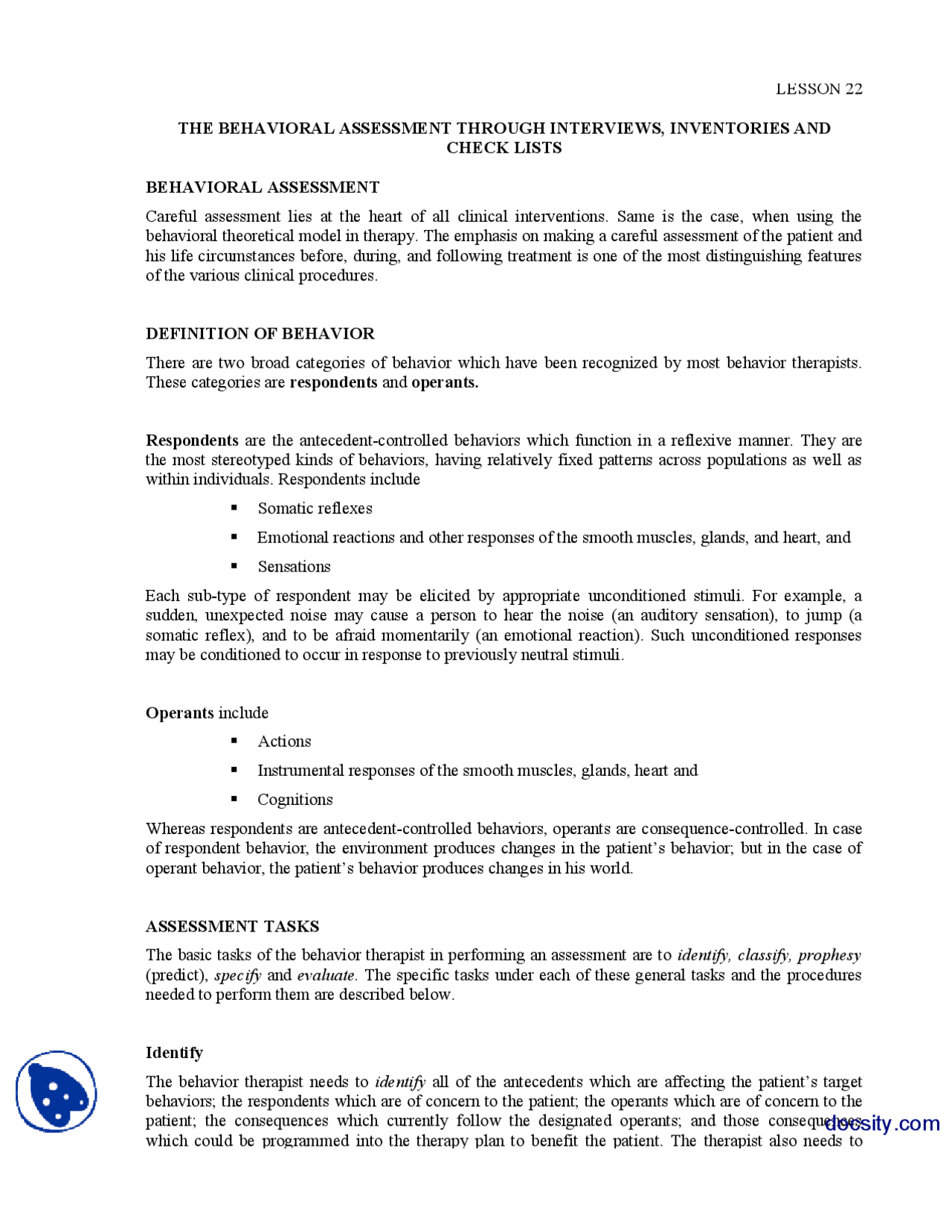 Behavioural Assessnment Clinical Psycology Lecture Handout Docsity