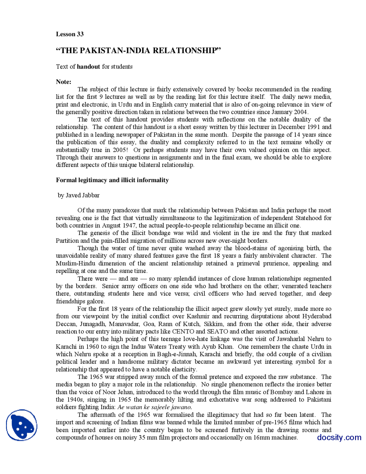 Pak India Relationship Globalization Of Media Lecture Handout Docsity