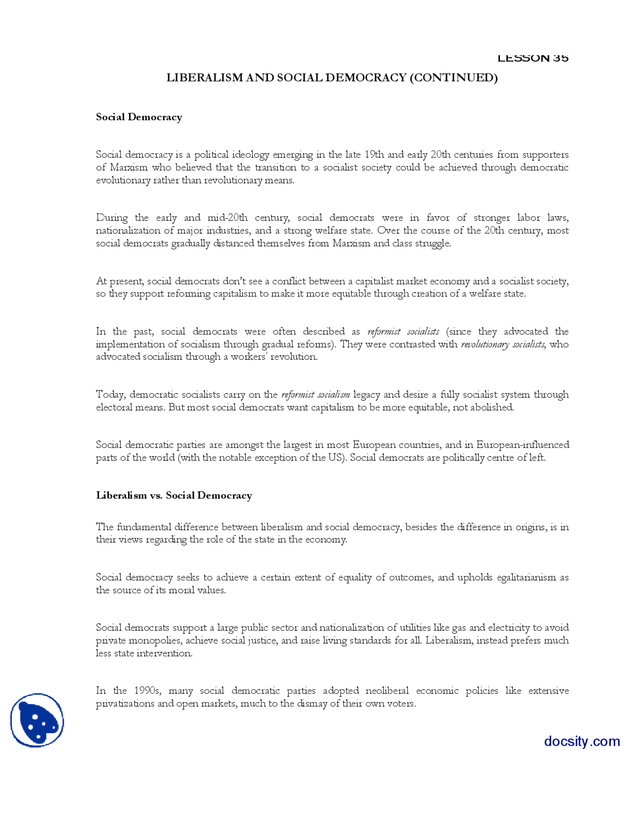 Liberalism and Social Democracy Lesson 35-International Relations-Lecture Handout | Exercises ...