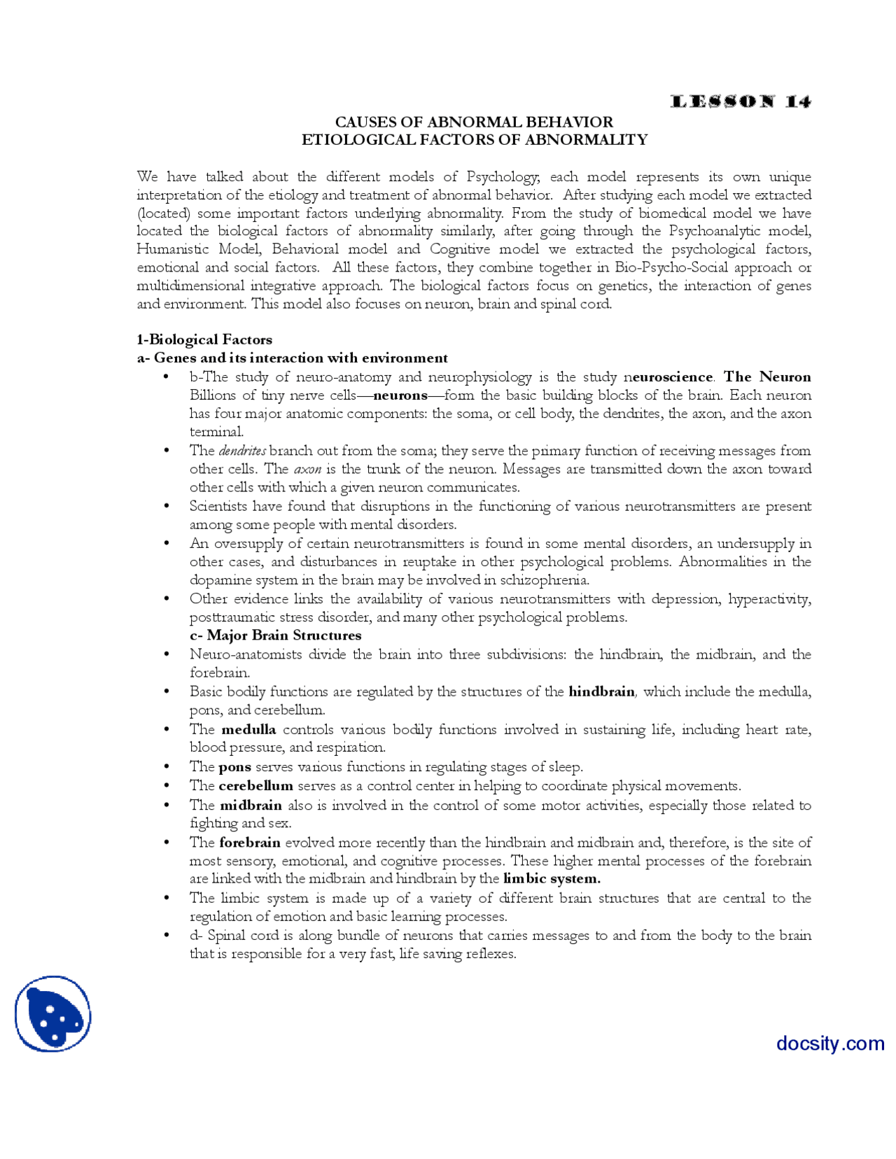 Biological Factors Abnormal Psycology Lecture Handout Docsity