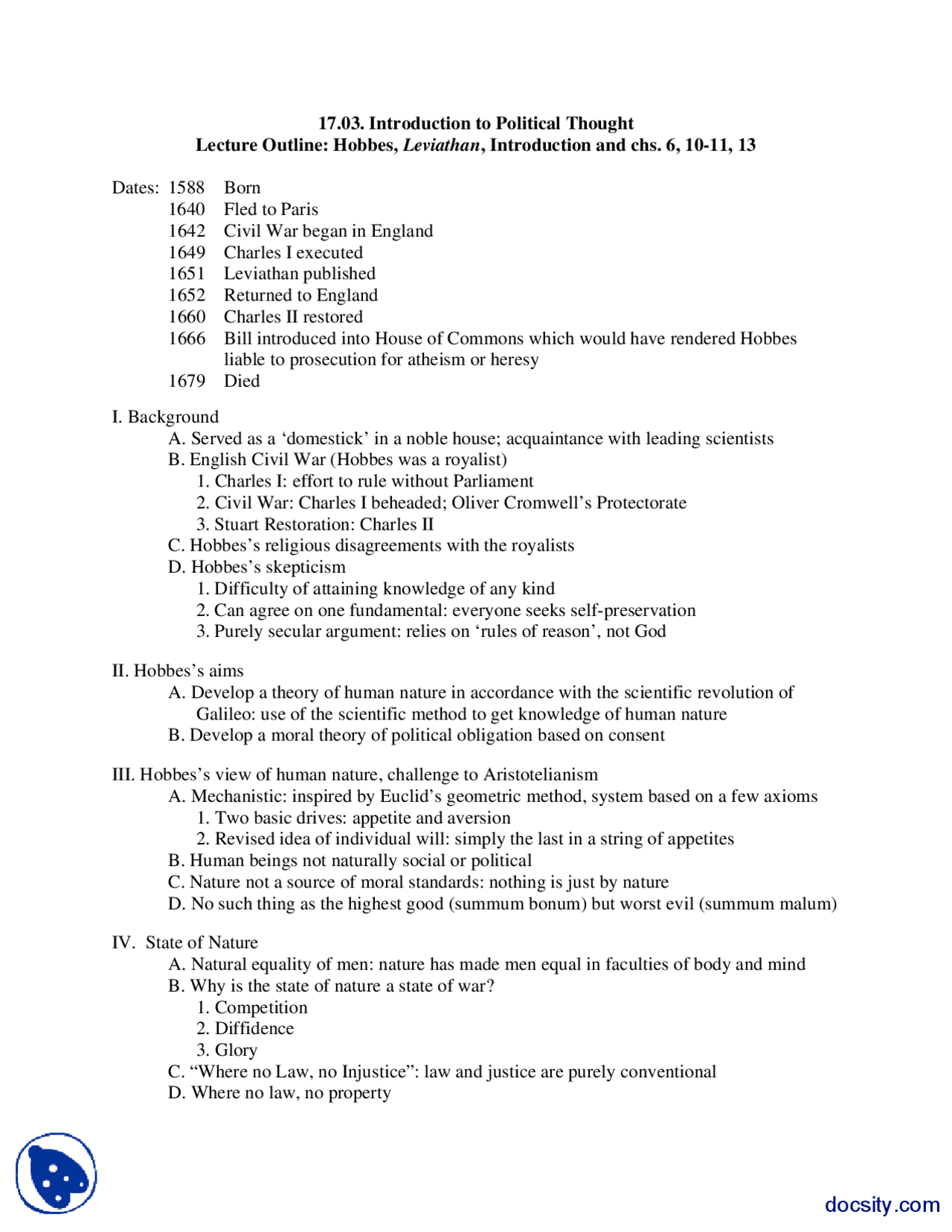 Hobbes Leviathan Part 1 Political Philosophy Lecture Handout Docsity