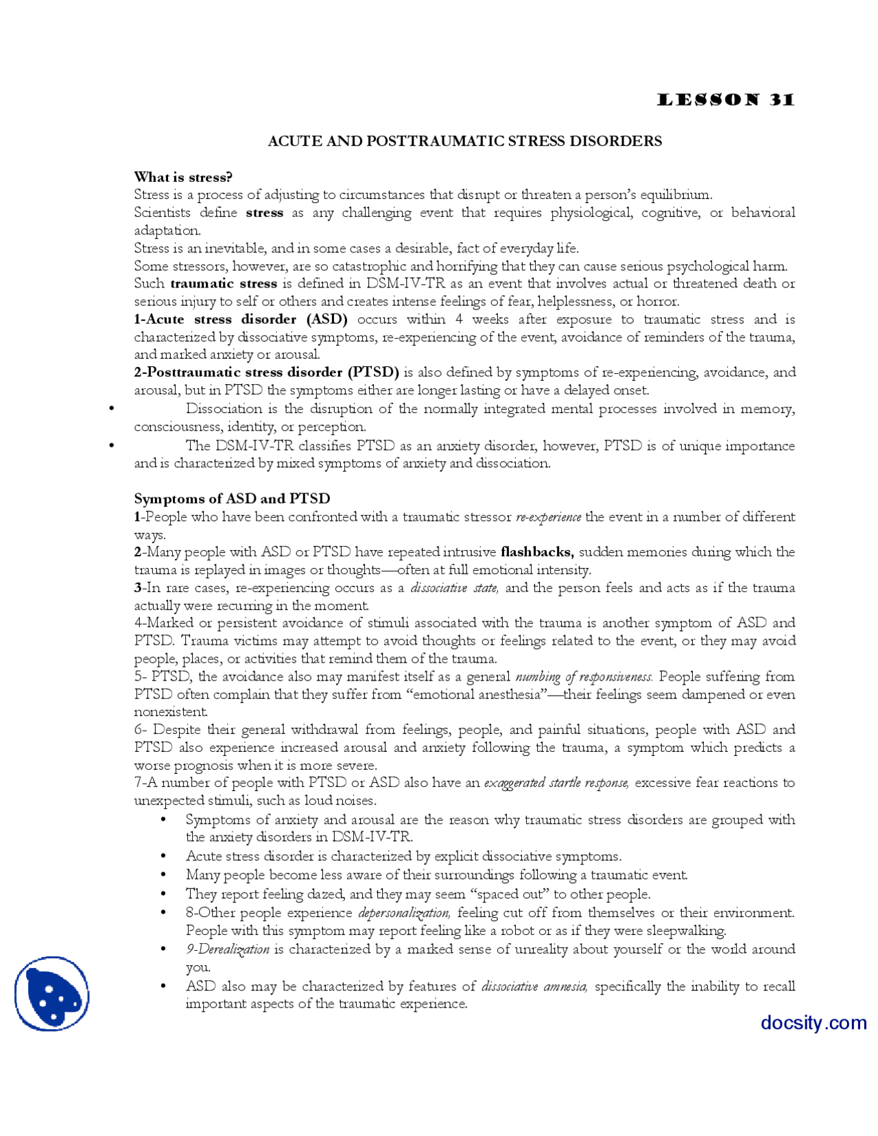Stress Part 3 Abnormal Psycology Lecture Handout Docsity