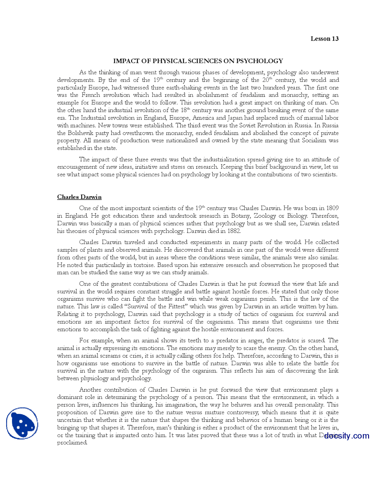 Charles Darwin History Of Psycology Lecture Handout Docsity