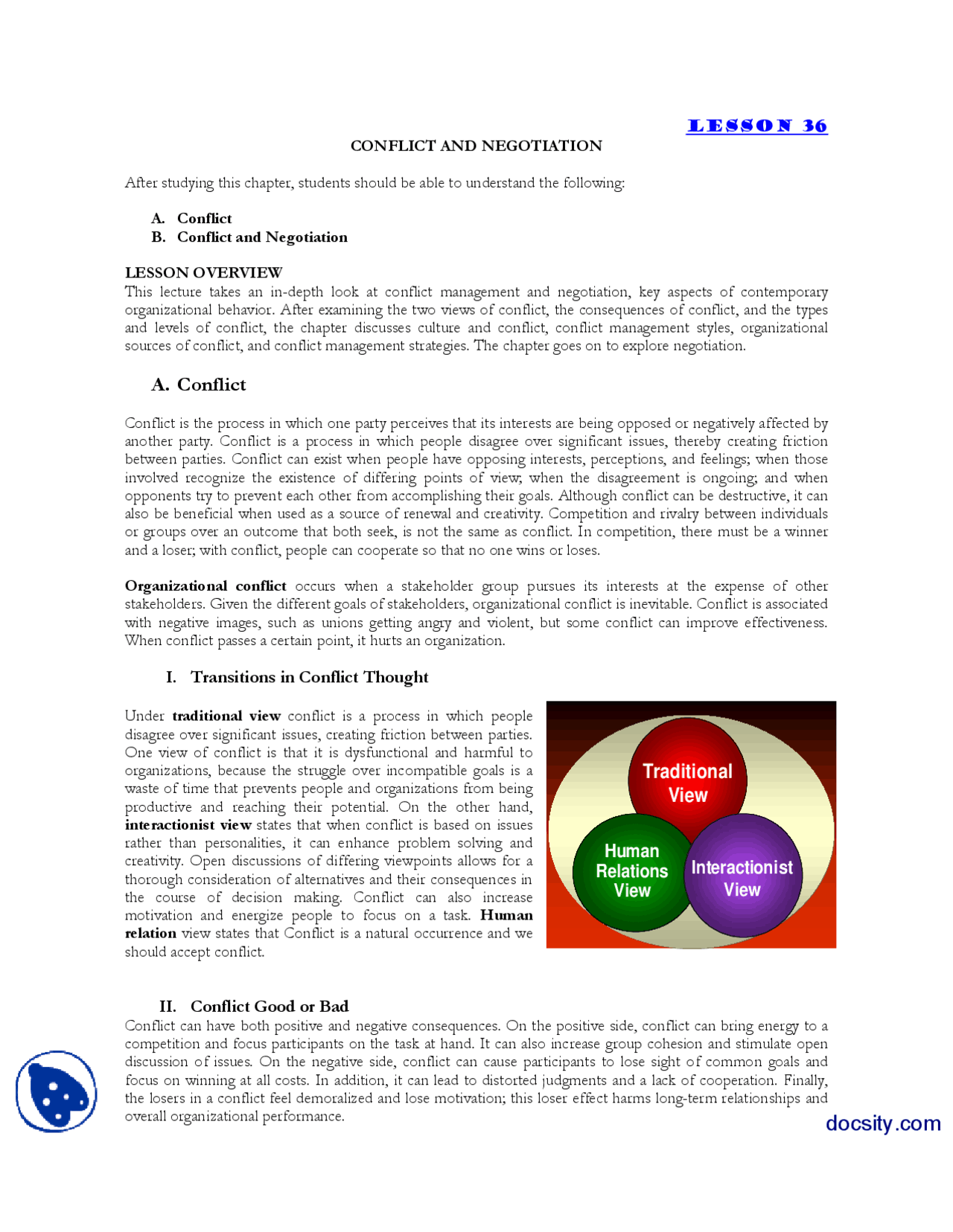 Conflicts and Negotiations-Human Resource Managment-Lecture Handout - Docsity
