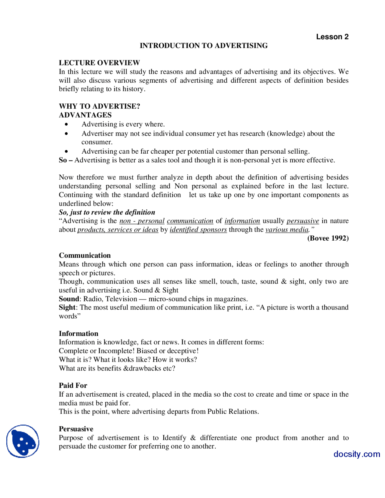 Communication Advertising And Promotion Lecture Handout Docsity