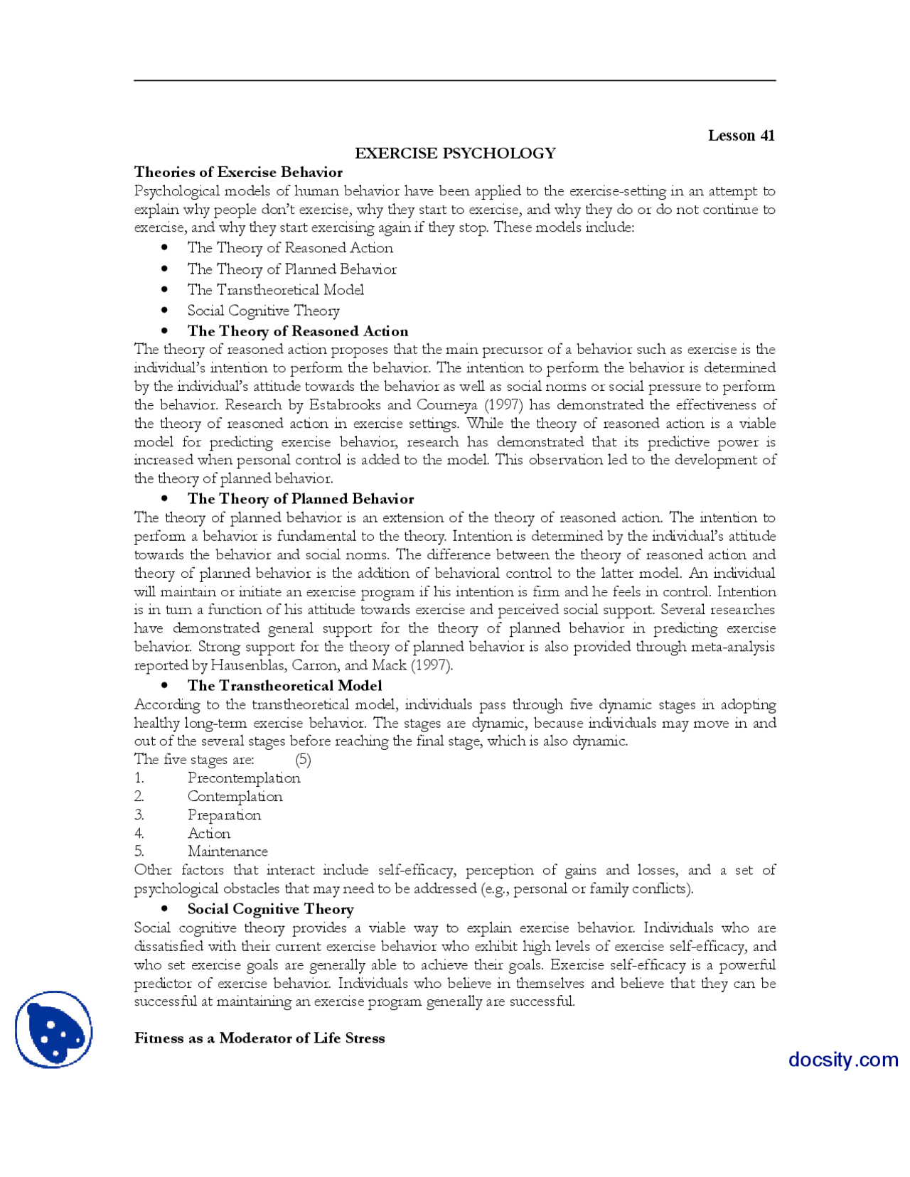 Theories Of Exercise Behavior Sports Psycology Lecture Handout