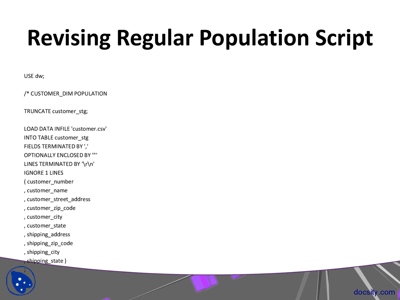 Revising Regular Population Script Data Warehouse Lab Mannual Docsity