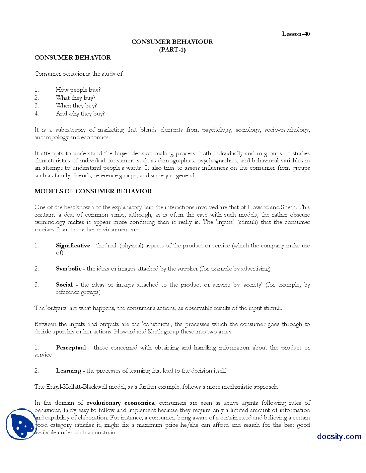 Consumer Behaviour Part1 Marketing Managment Lecture Handout Docsity