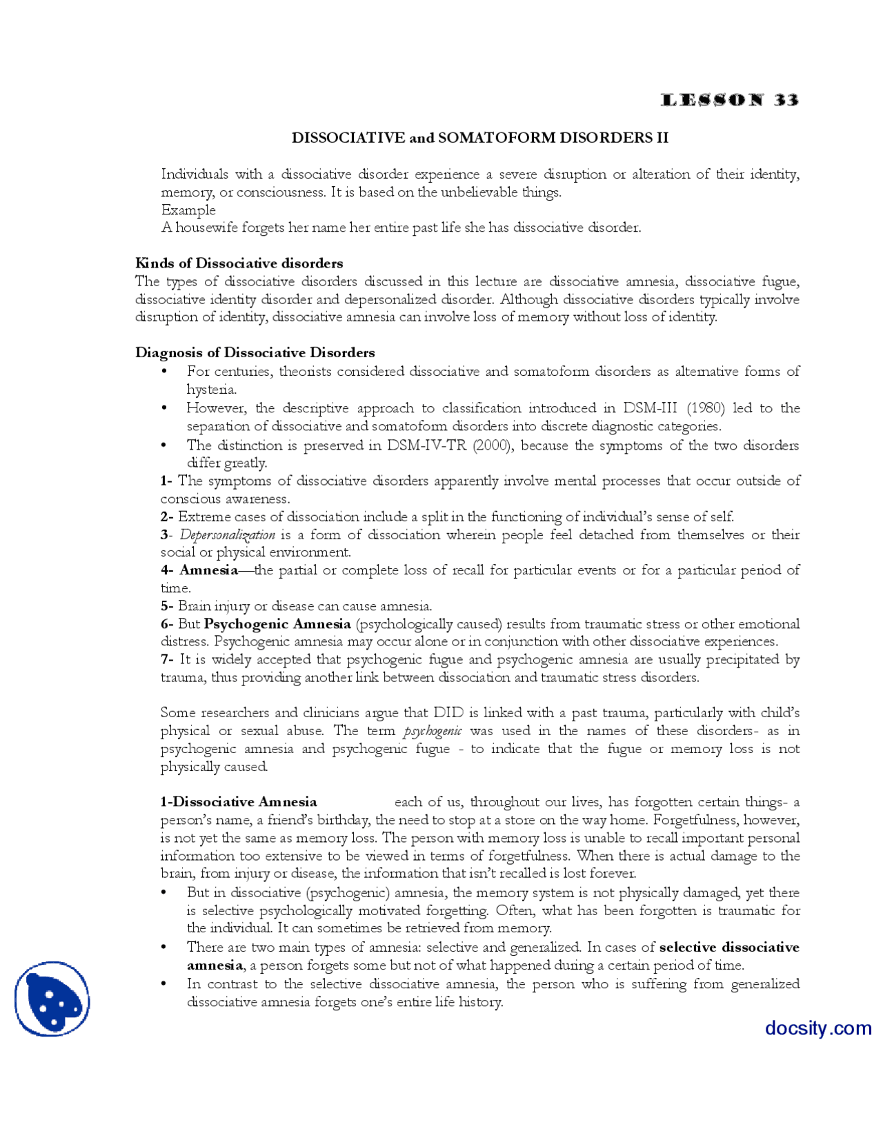 Kinds Of Dissociative Disorders Abnormal Psycology Lecture Handout