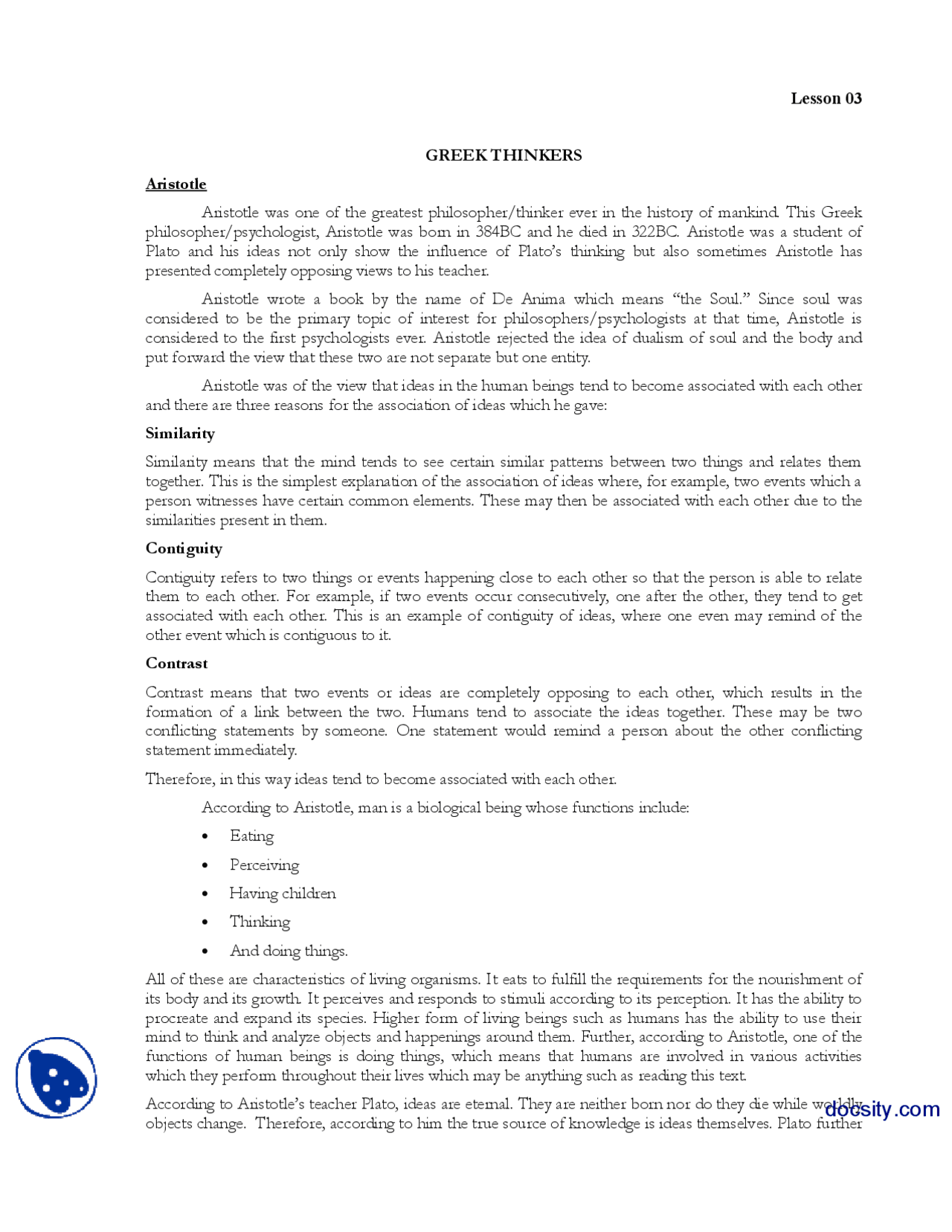 Aristotle History Of Psycology Lecture Handout Docsity