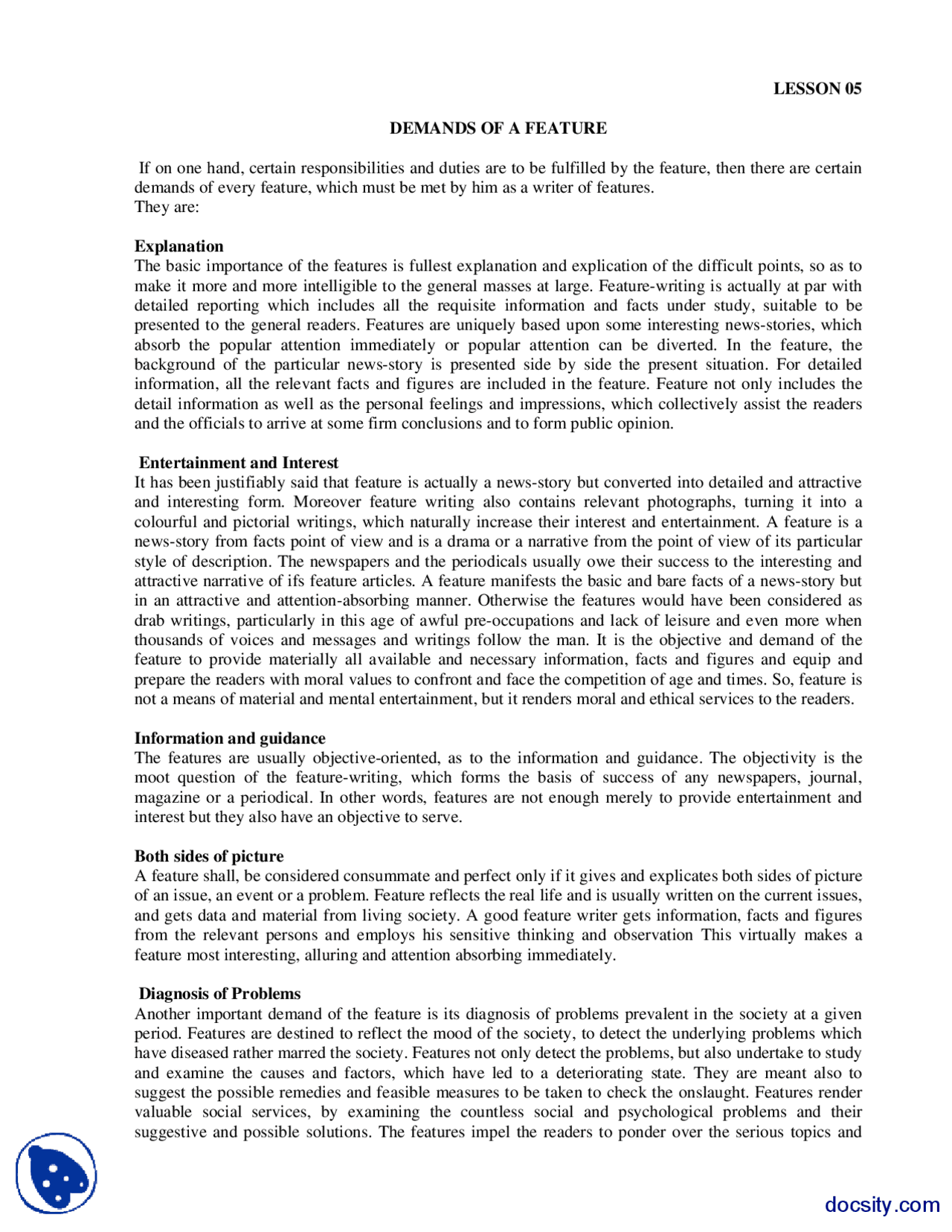Demands Of Features Feature And Coloumn Writing Lecture Handout Docsity