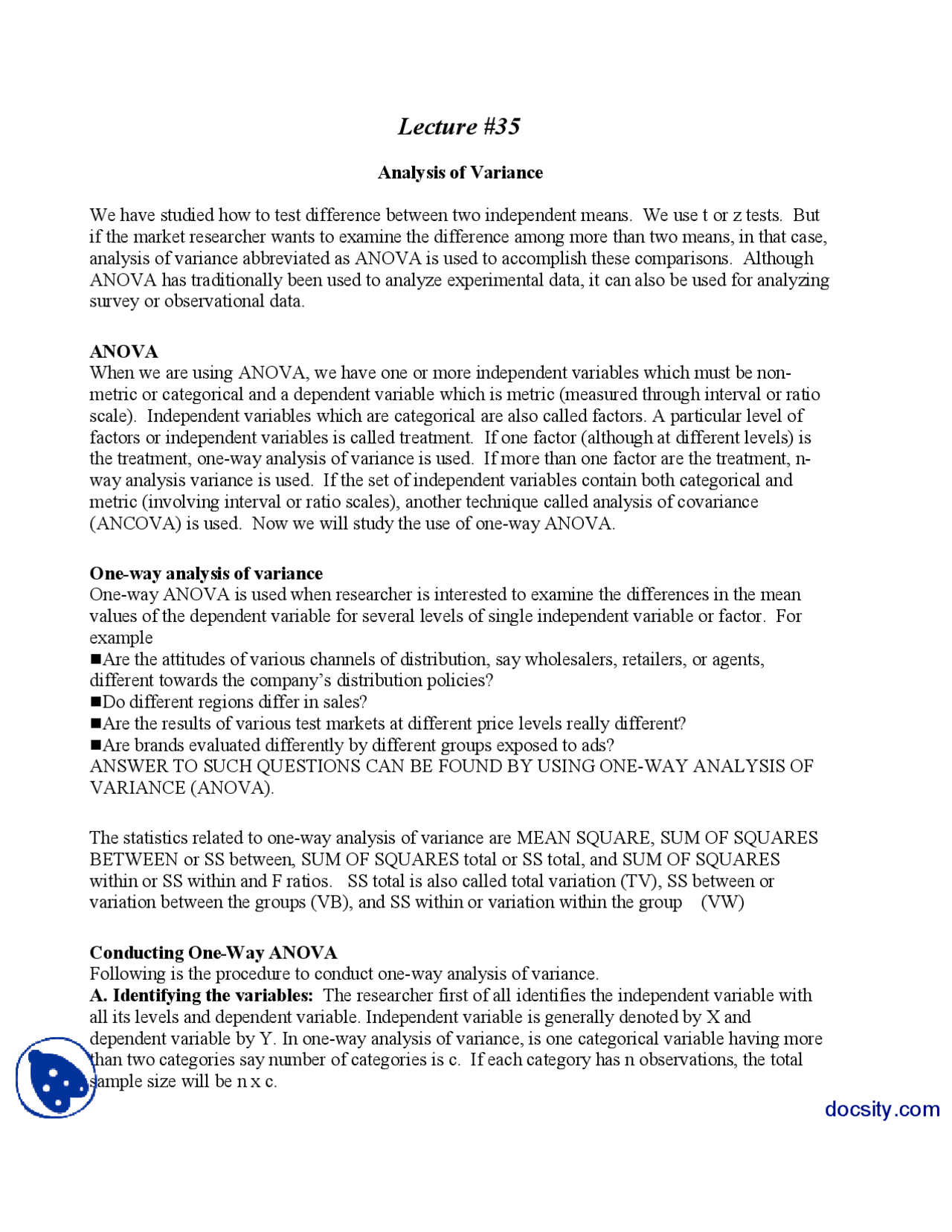 Analysis Of Variance Marketing Research Lecture Handout Docsity