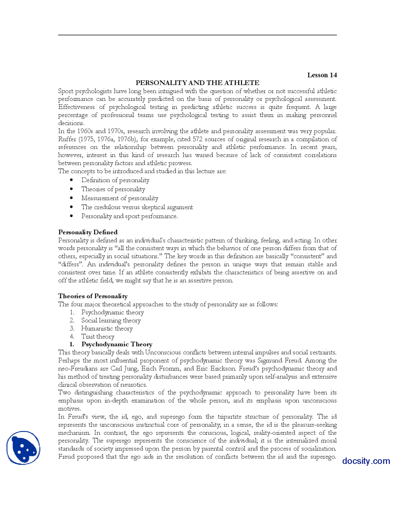 Personality Defined Sports Psycology Lecture Handout Docsity