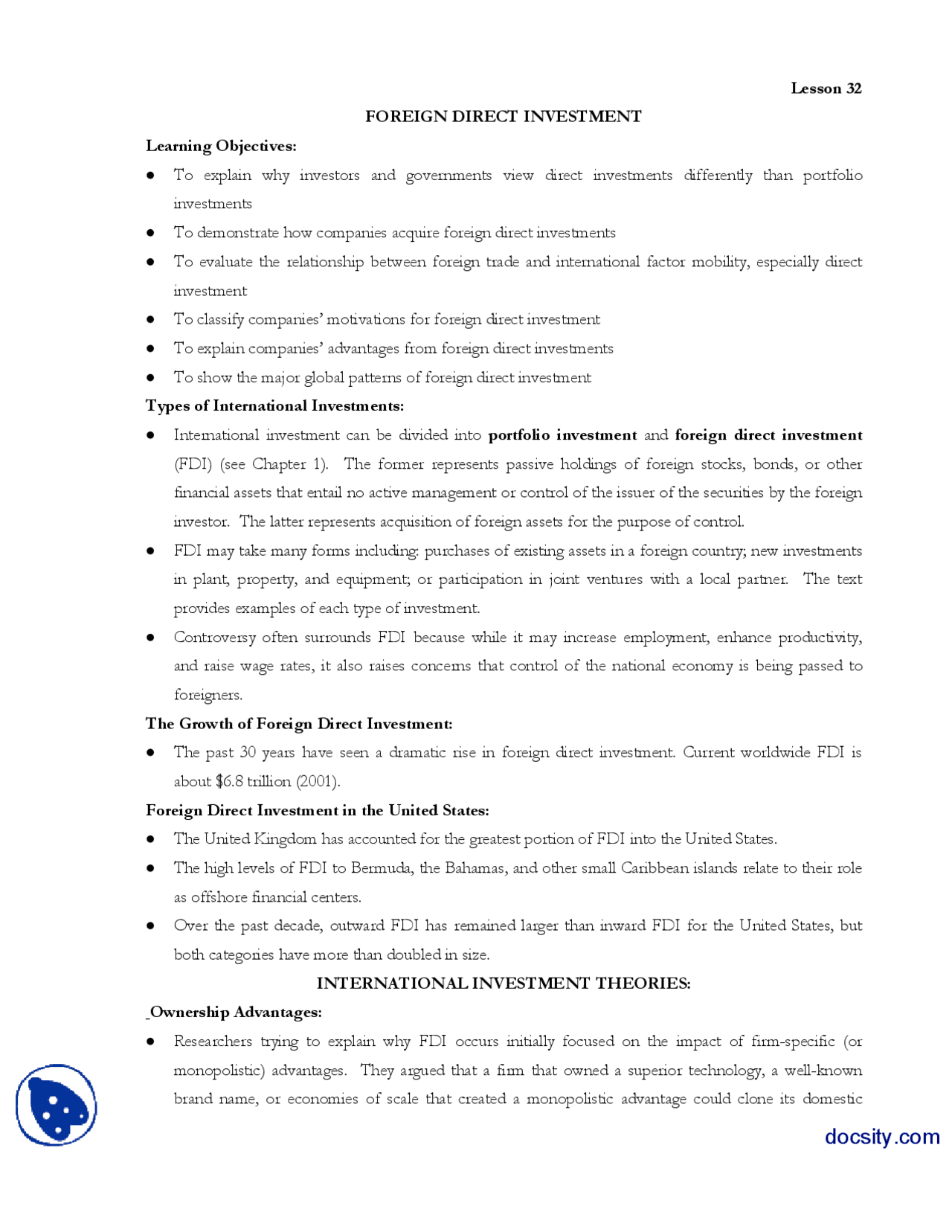 Foreign Direct Investment Lesson 32 International Business Lecture