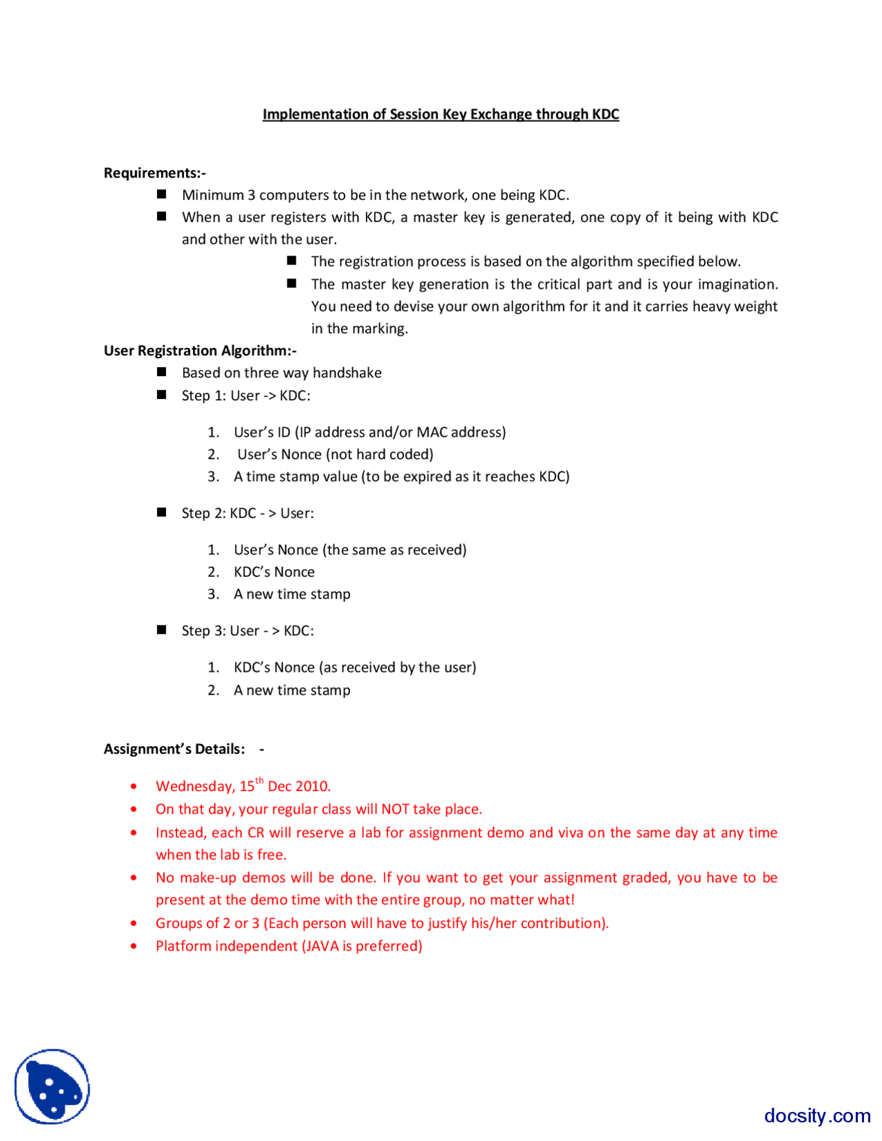 Implementation of Session Key Exchange through KDC Part 1-Computer Security-Assignment - Docsity