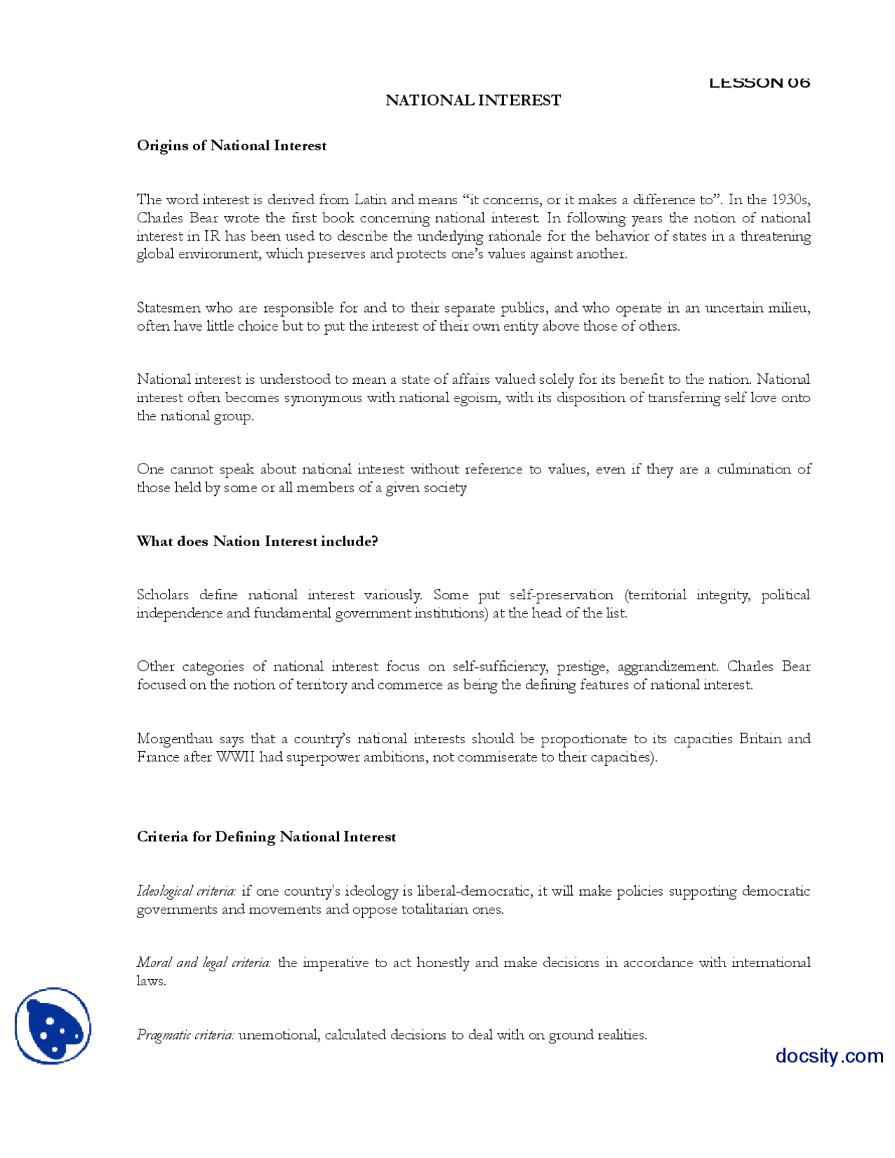 National intrest-International Relations-Lecture Handout | Exercises ...
