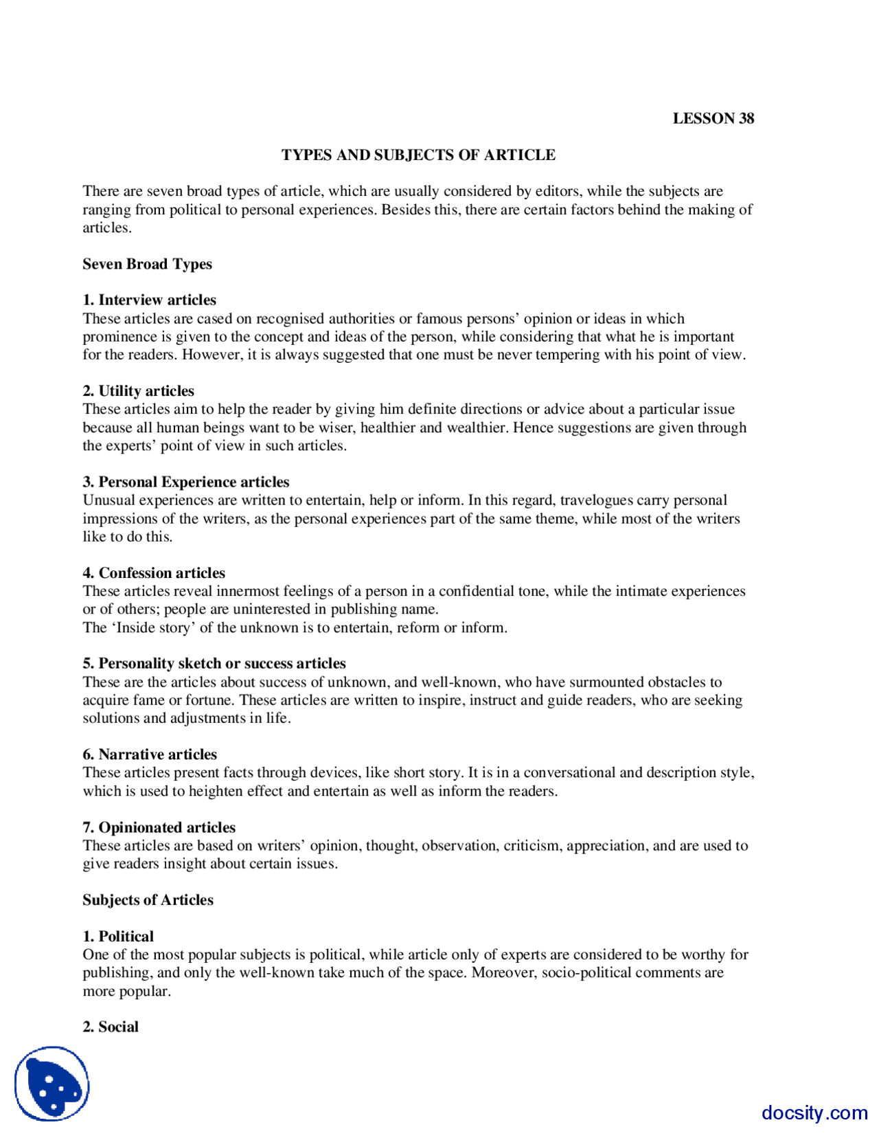 Types And Subject Of Article Feature And Coloumn Writing Lecture